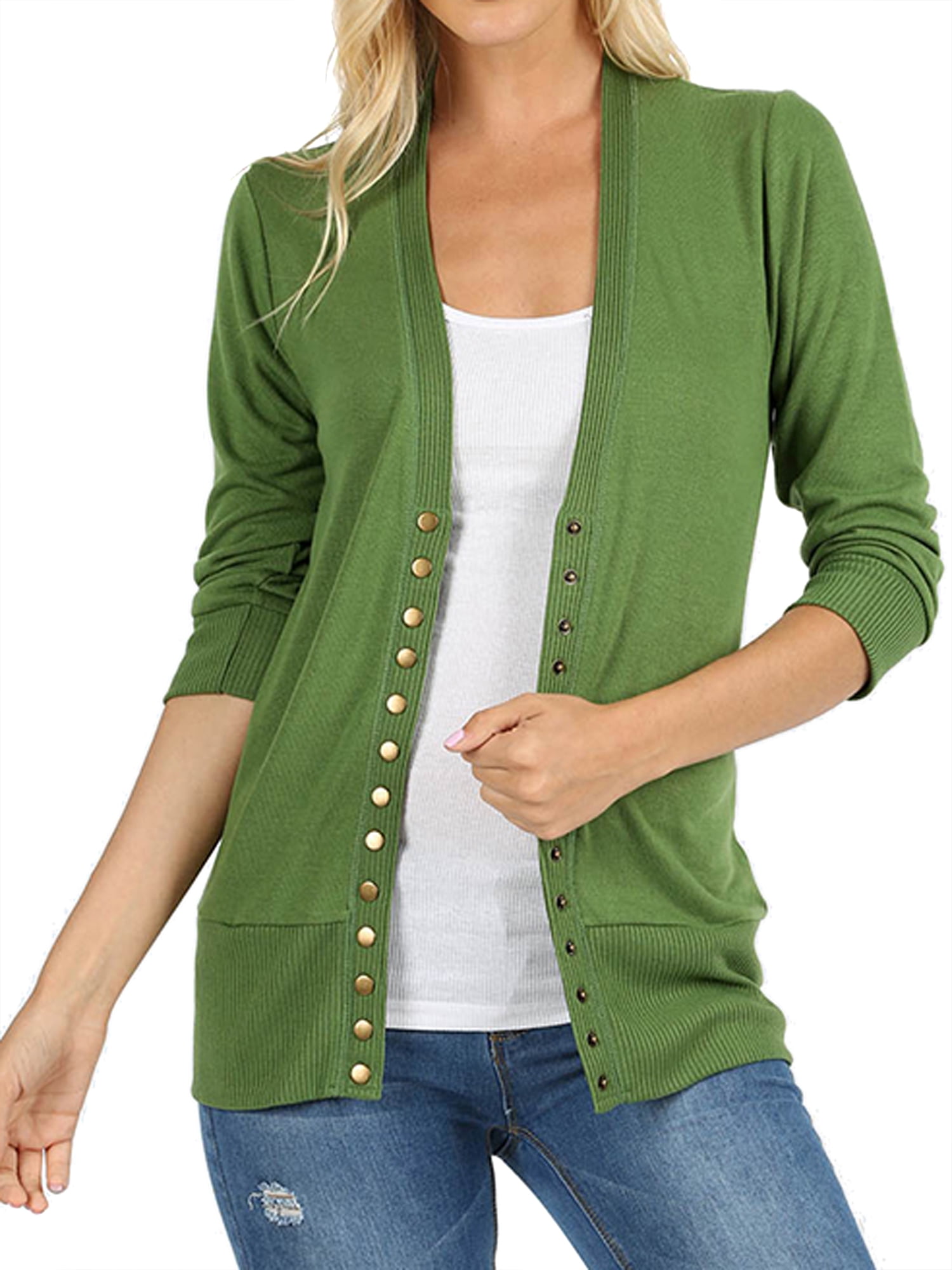 Zenana Women's Front V-Neck Classic Thin Snap Button Down 3/4 Sleeve ...