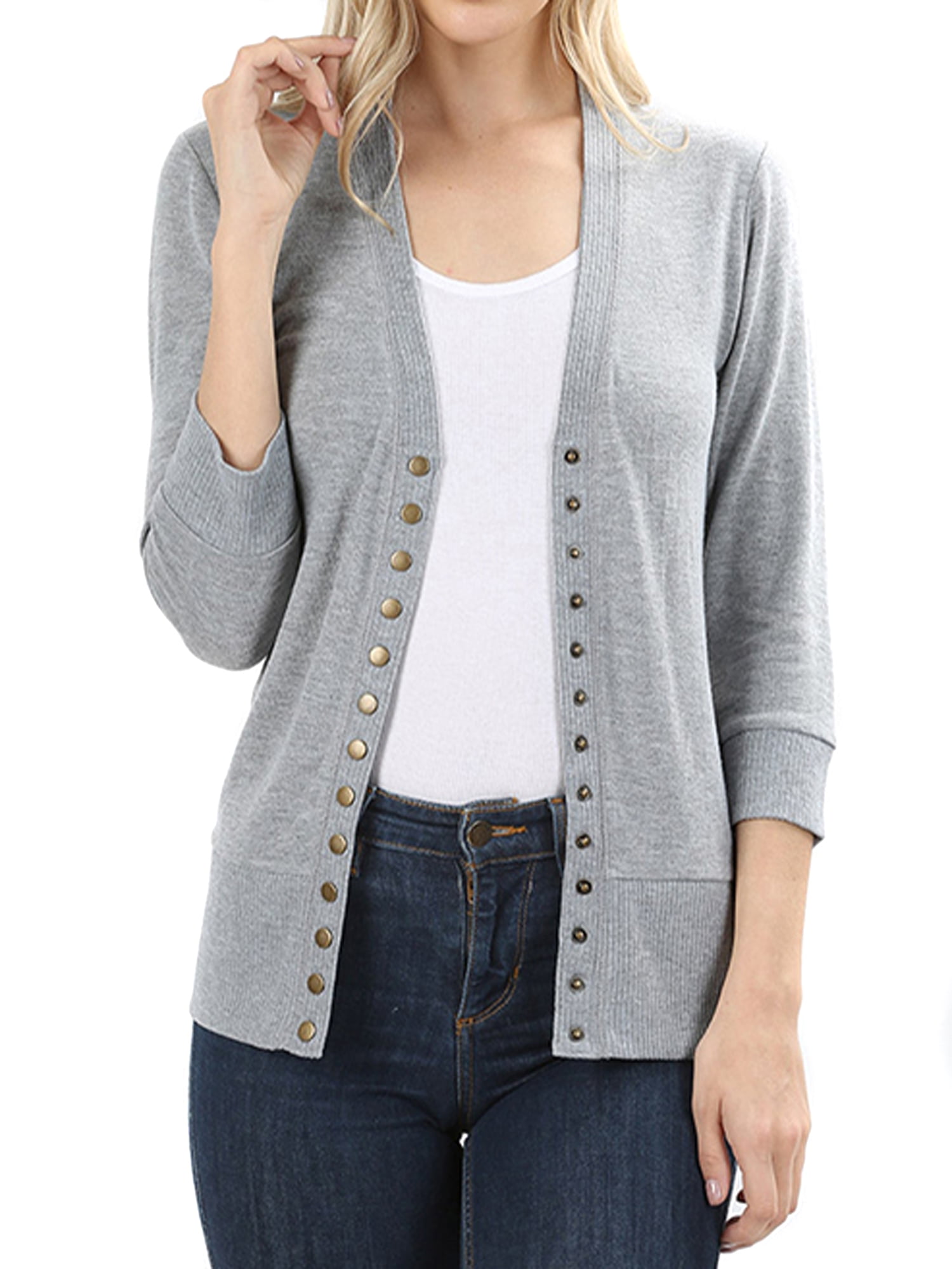 Zenana Women's Front V-Neck Classic Thin Snap Button Down 3/4 Sleeve ...