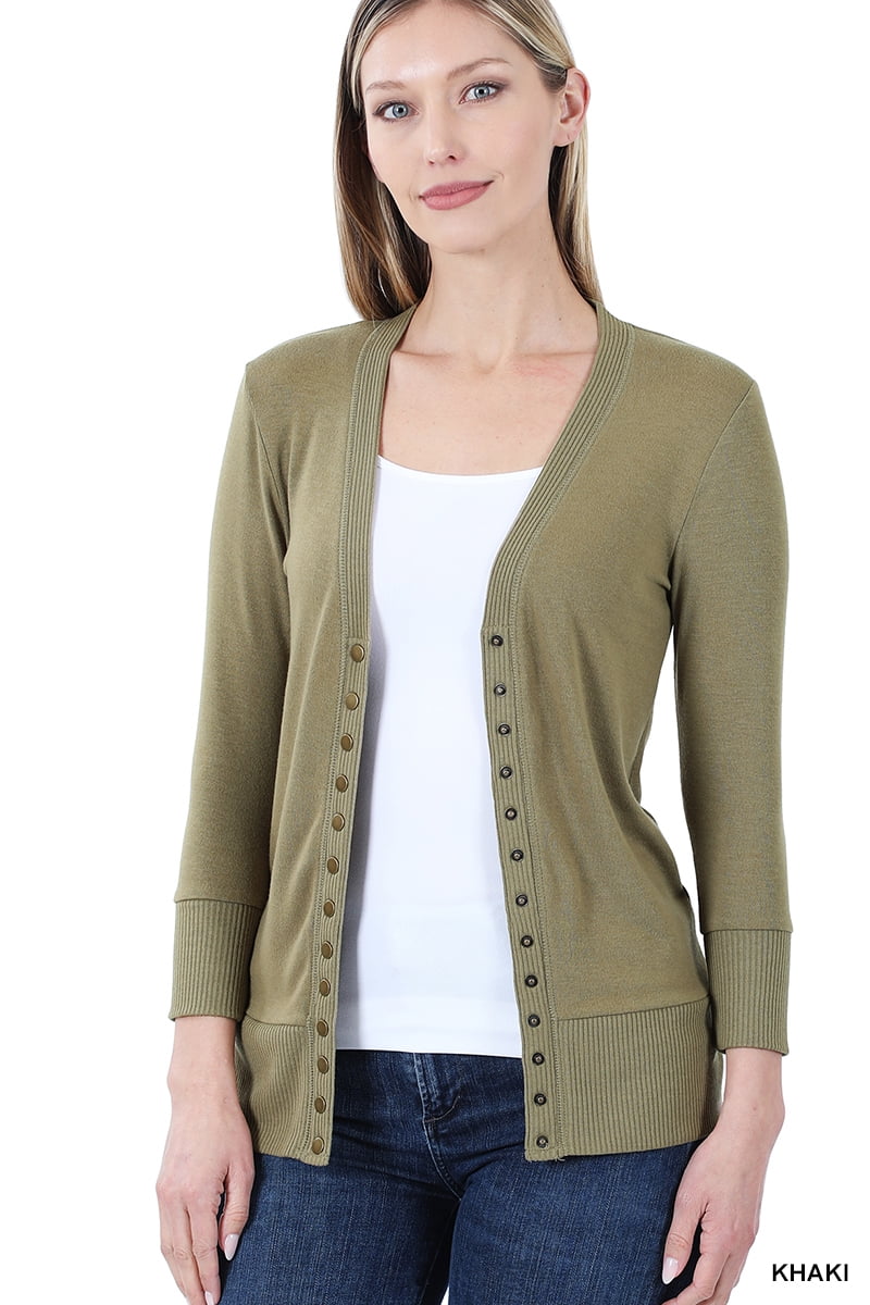 Zenana Women's Front V-Neck Classic Thin Snap Button Down 3/4 Sleeve ...