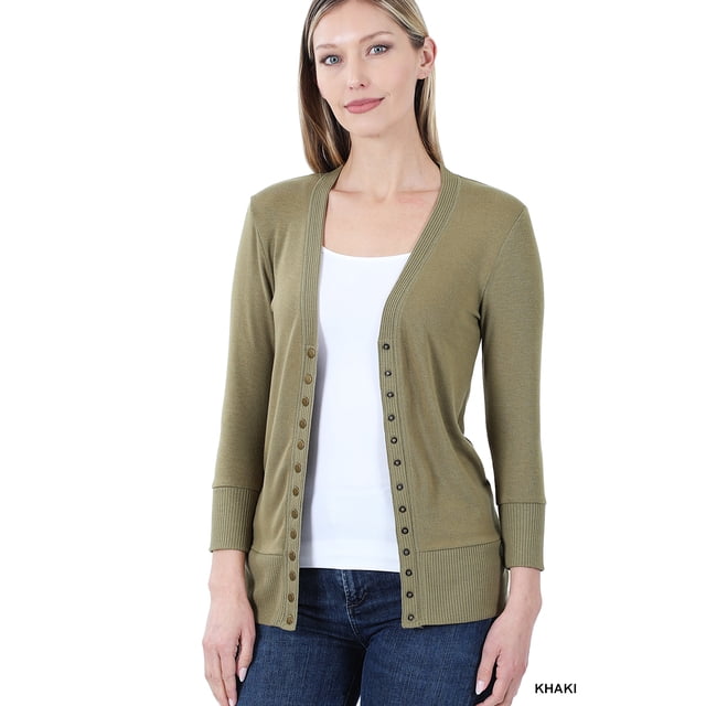Zenana Women's Front V-Neck Classic Thin Snap Button Down 3/4 Sleeve ...