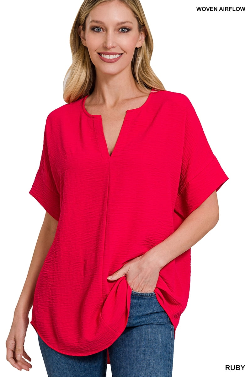 Zenana Women's & Plus Size Woven Airflow Split Neck Short Sleeve Top ...