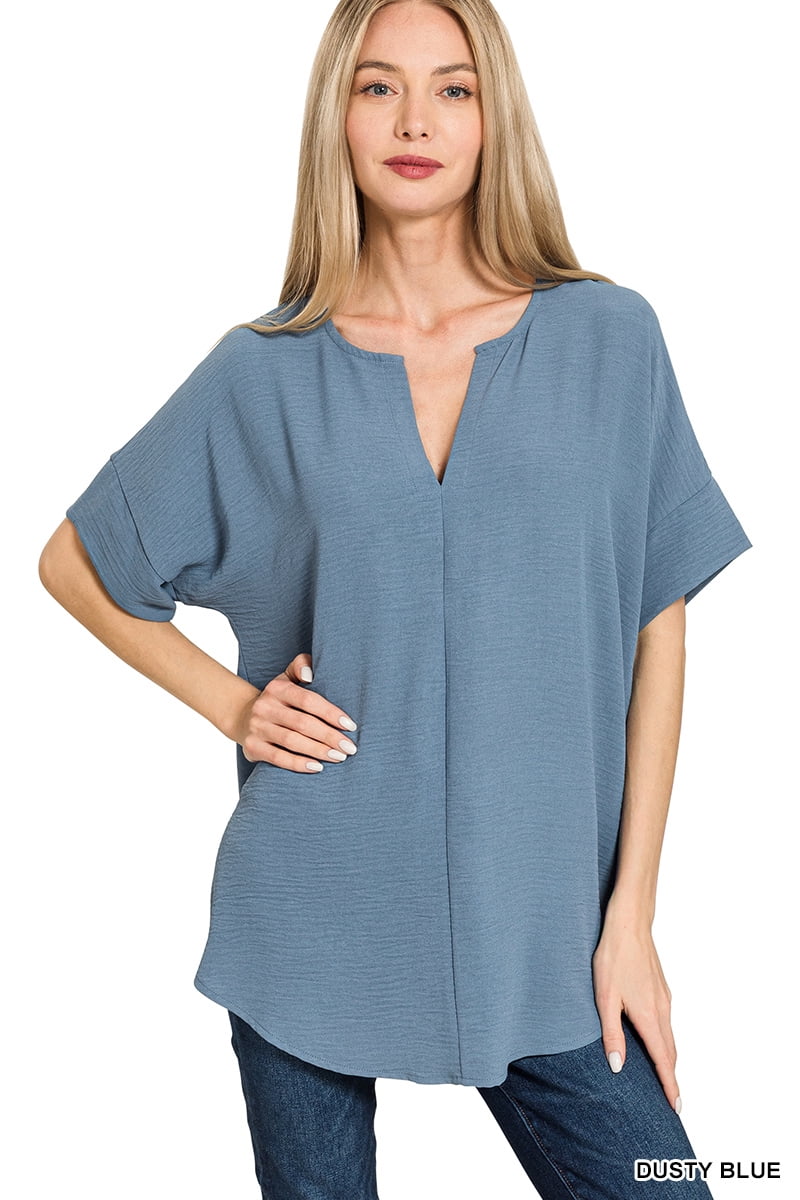 Zenana Women's & Plus Size Woven Airflow Split Neck Short Sleeve Top ...
