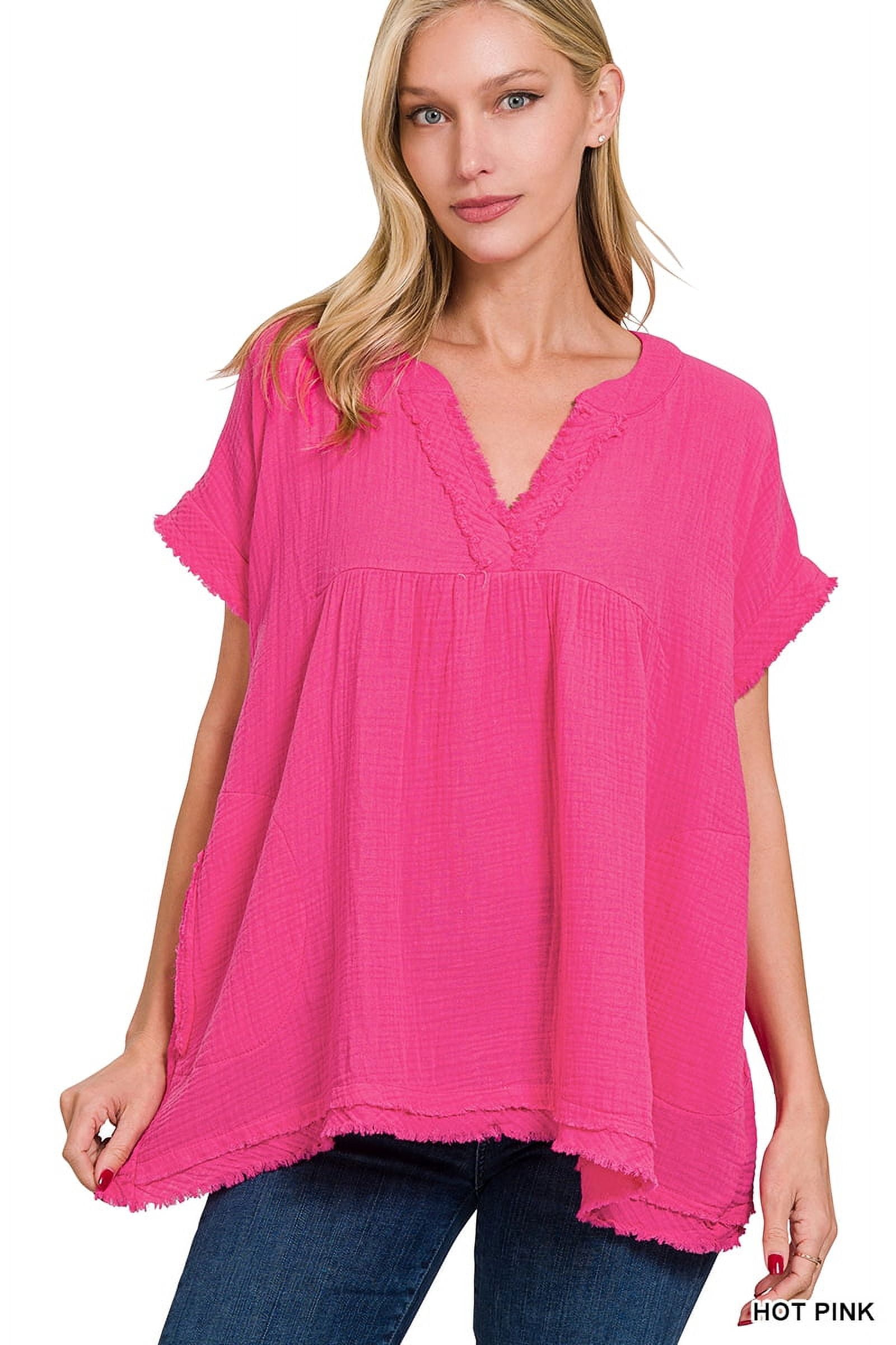 Zenana Women's Relaxed Fit Gauge Rolled Short Sleeve Raw Edge V-Neck T-Shirt Tunic - Walmart.com