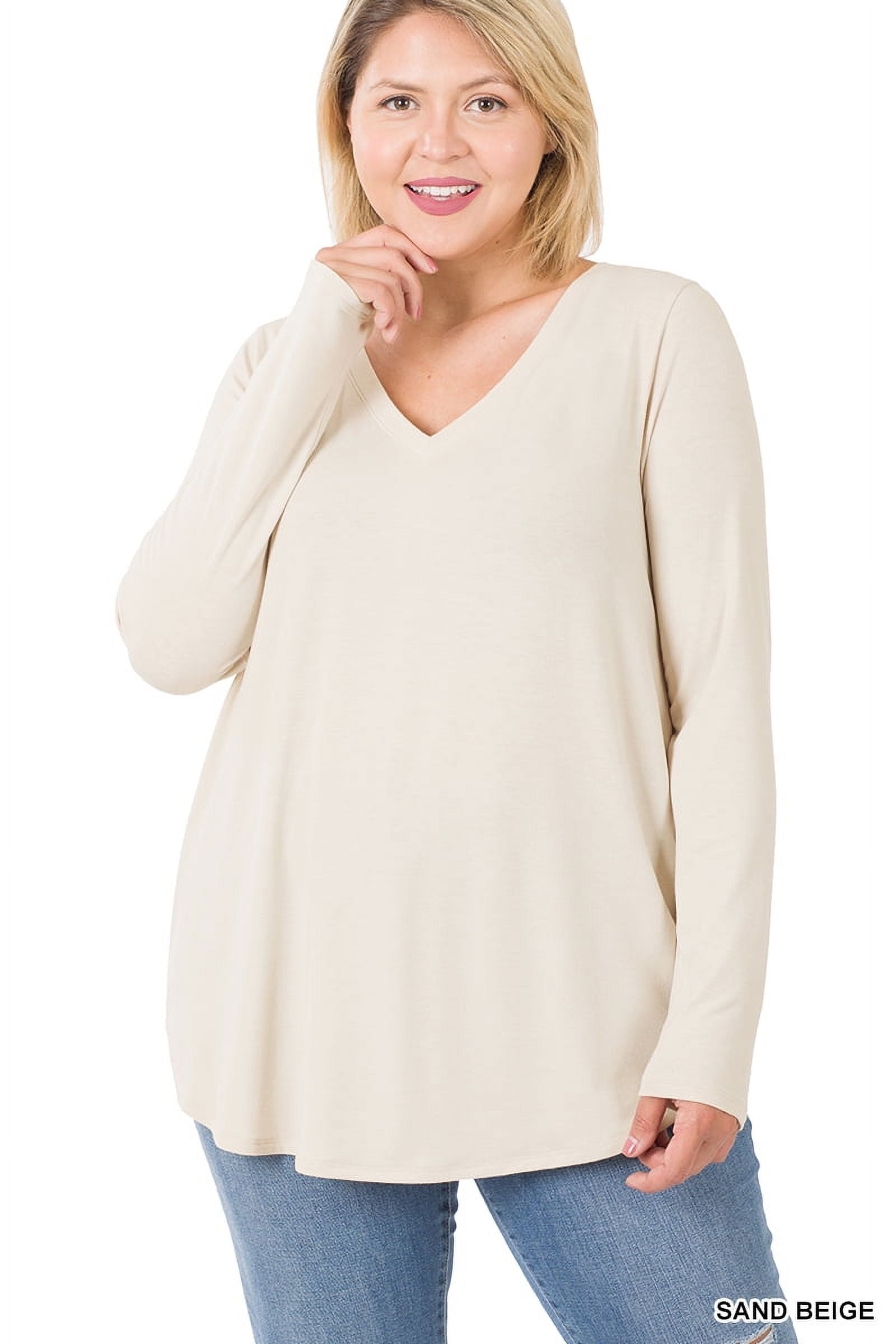 Zenana Women's Relaxed Fit Long Sleeve V-Neck Round Hem Jersey Tee ...