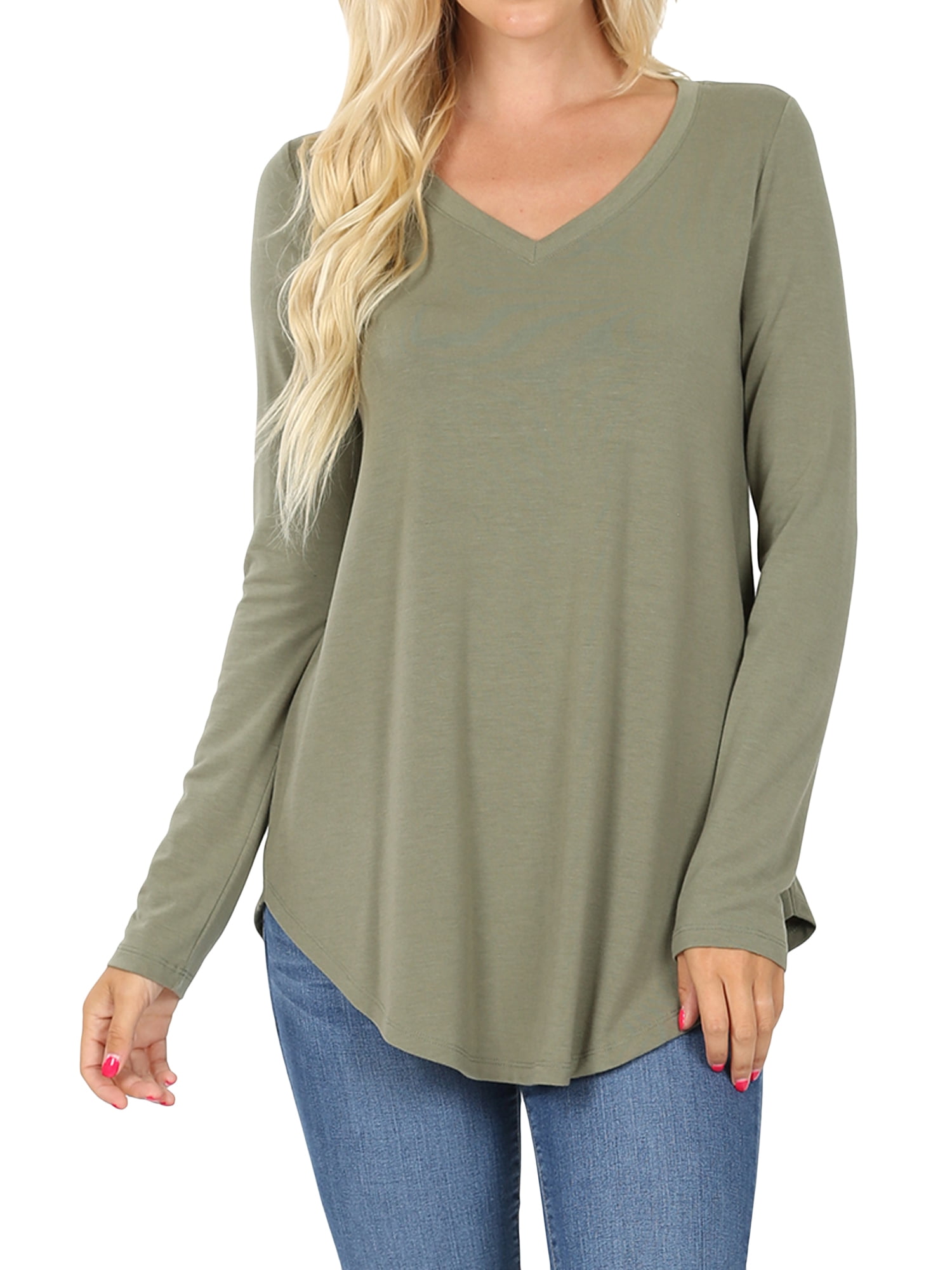 Zenana Women's Relaxed Fit Long Sleeve V-Neck Round Hem Jersey Tee ...
