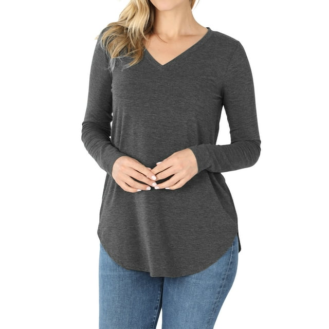 Zenana Women's Relaxed Fit Long Sleeve V-Neck Round Hem Jersey Tee ...