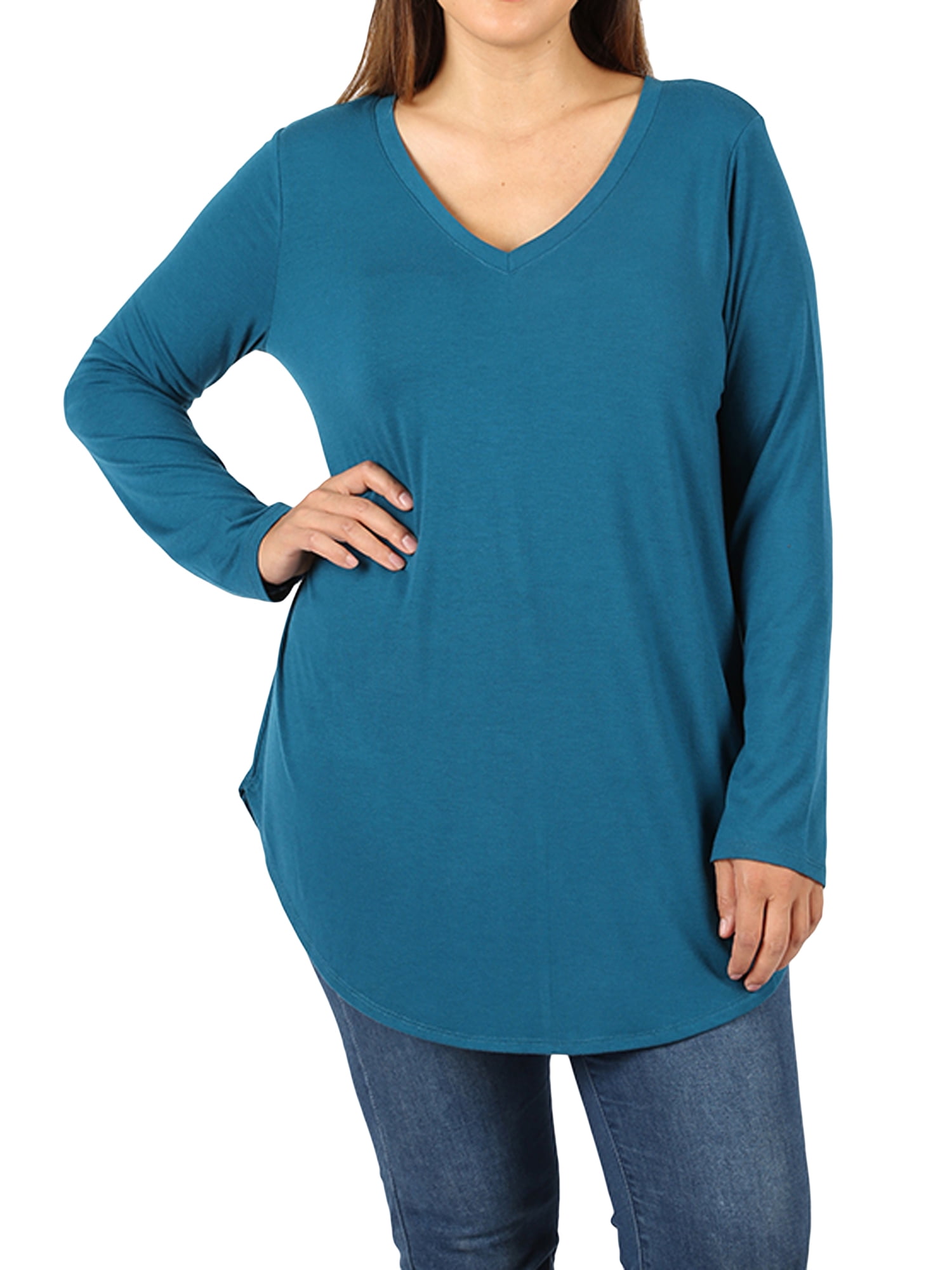 Zenana Women's Relaxed Fit Long Sleeve V-Neck Round Hem Jersey Tee ...