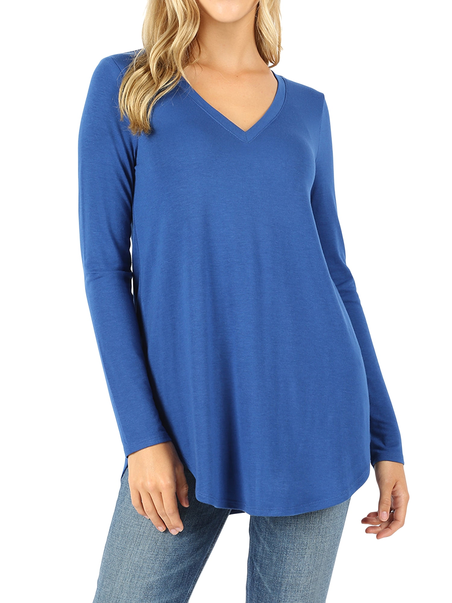 Zenana Womens Relaxed Fit Long Sleeve V Neck Round Hem Jersey Tee