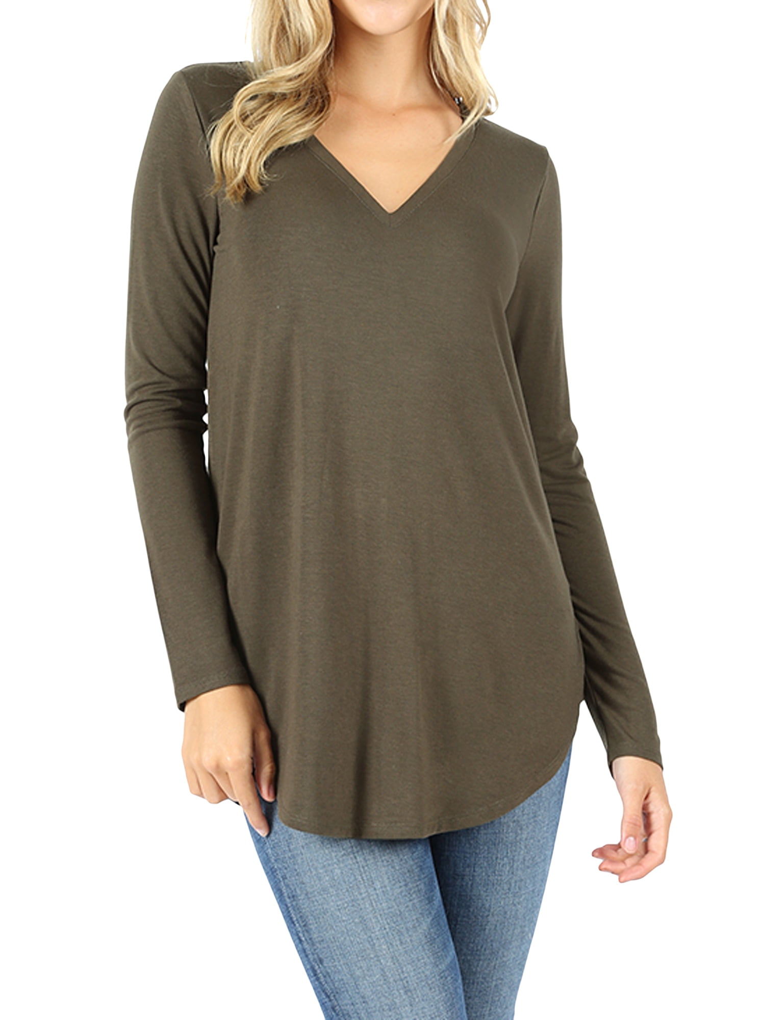 Zenana Women's Relaxed Fit Long Sleeve V-Neck Round Hem Jersey Tee ...
