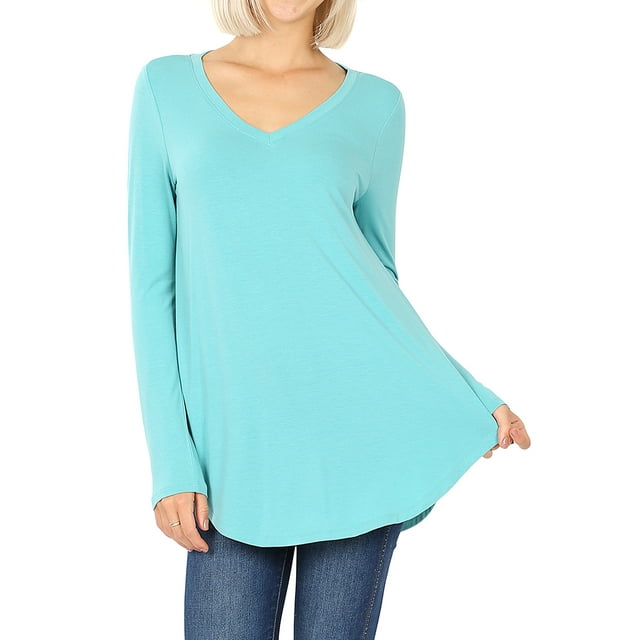 Zenana Women's Relaxed Fit Long Sleeve V-Neck Round Hem Jersey Tee ...