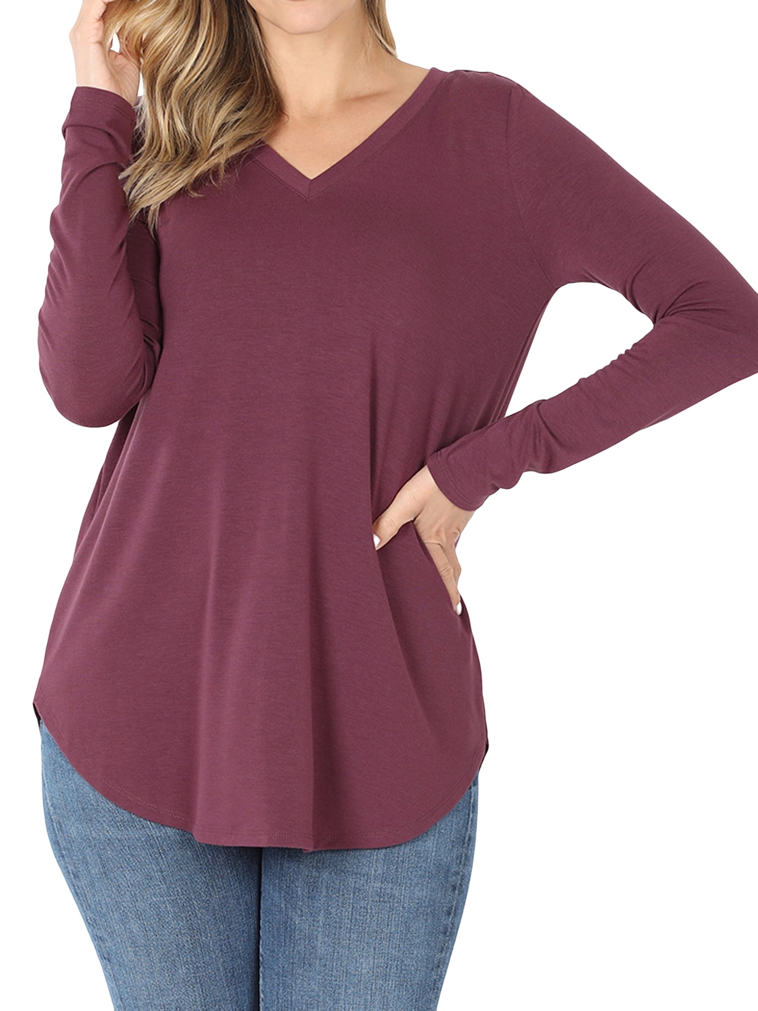 Zenana Women's Relaxed Fit Long Sleeve V-Neck Round Hem Jersey Tee ...