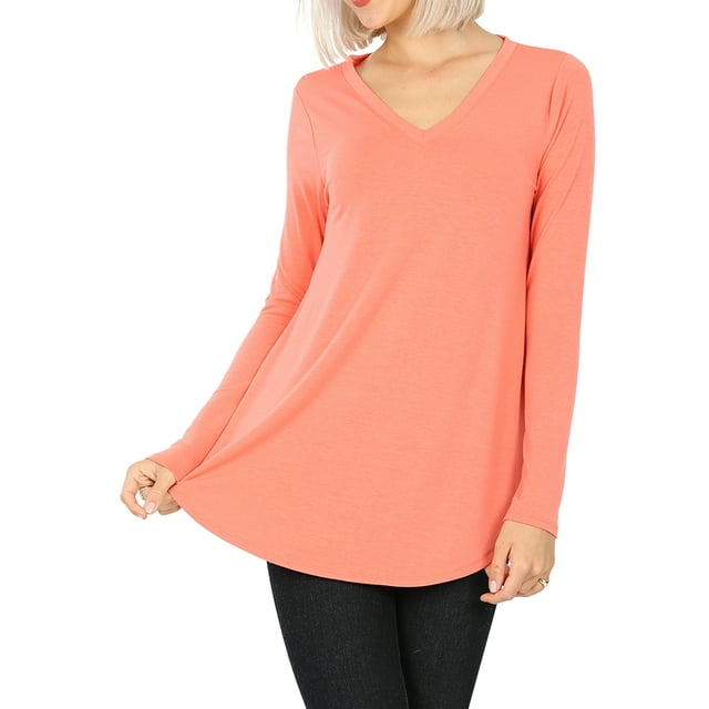 Zenana Women's Relaxed Fit Long Sleeve V-Neck Round Hem Jersey Tee ...