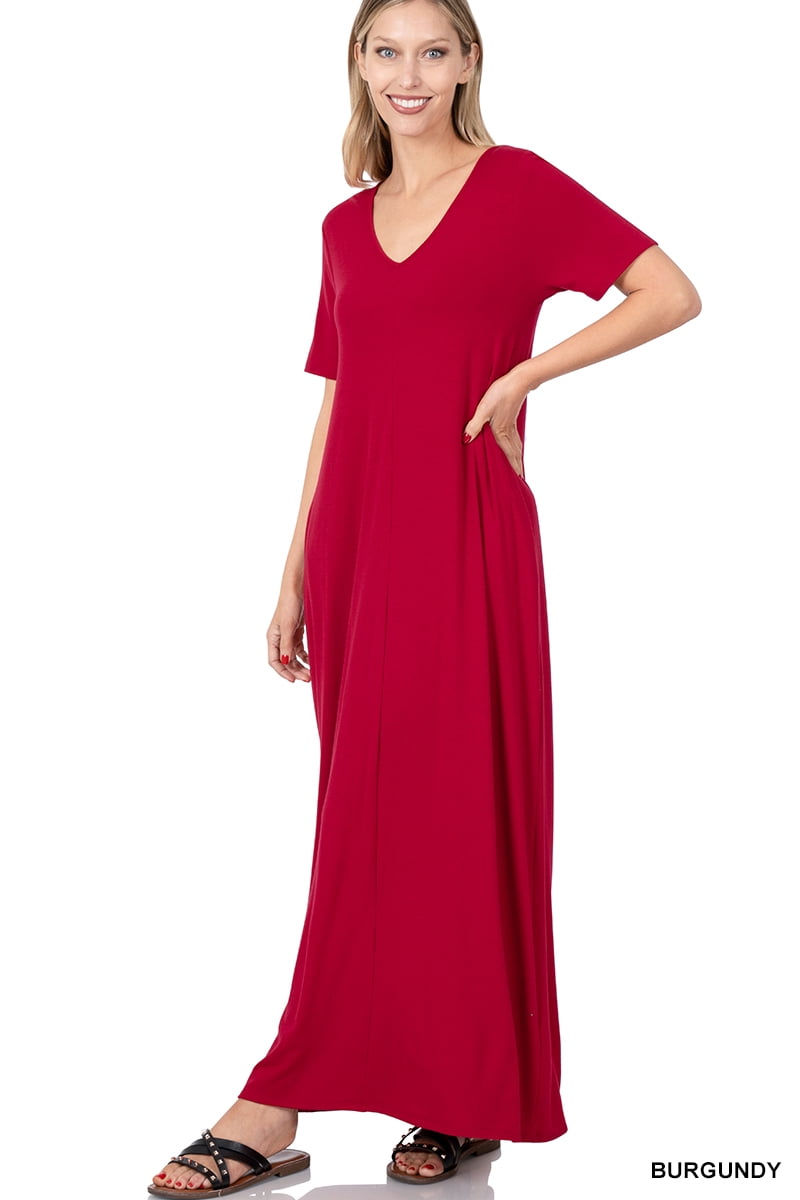 Zenana Women's Relaxed Fit V-Neck Short Sleeve Full Length Maxi Long ...