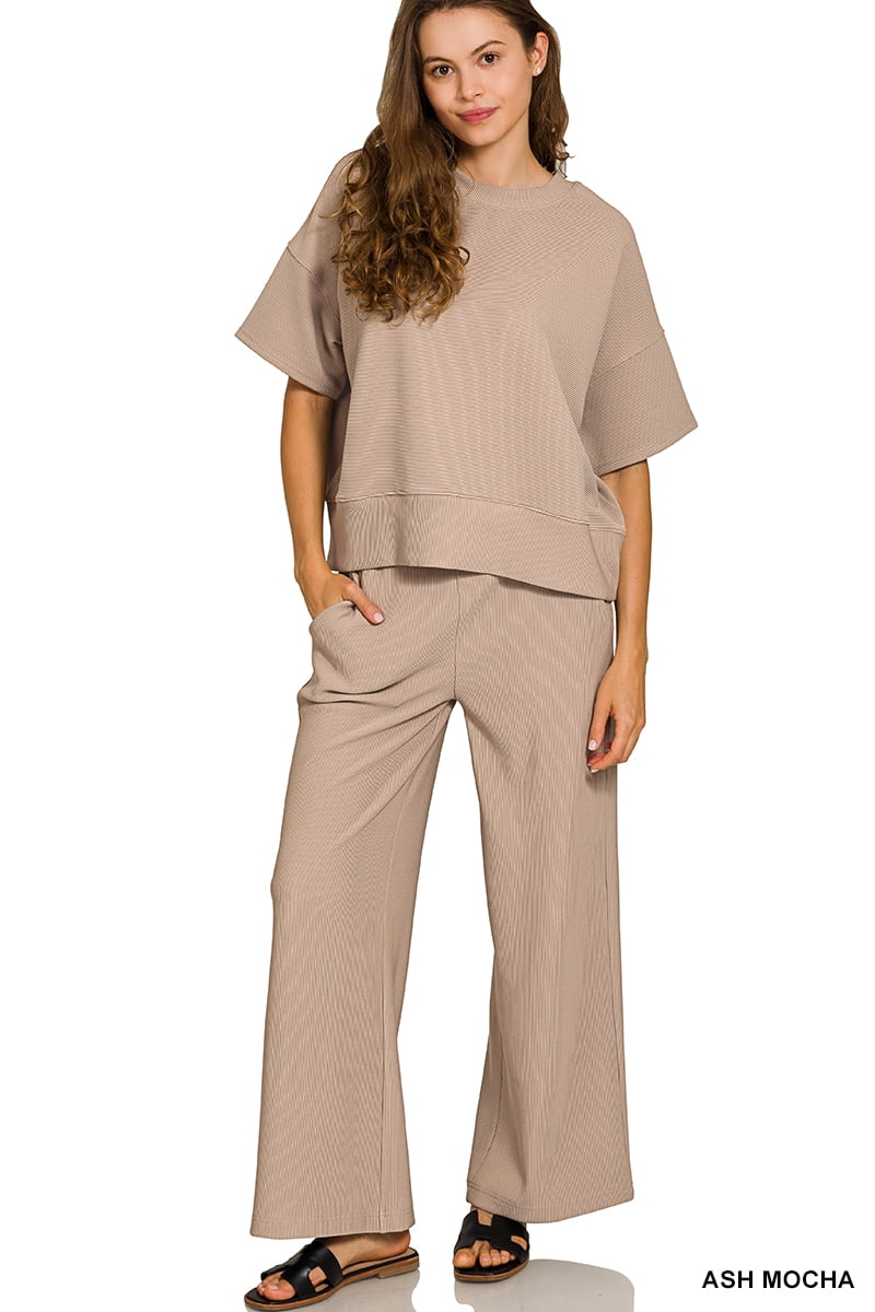 Zenana Women's Ribbed Round Neck Short Sleeve Tee & Wide Leg Pants Set ...
