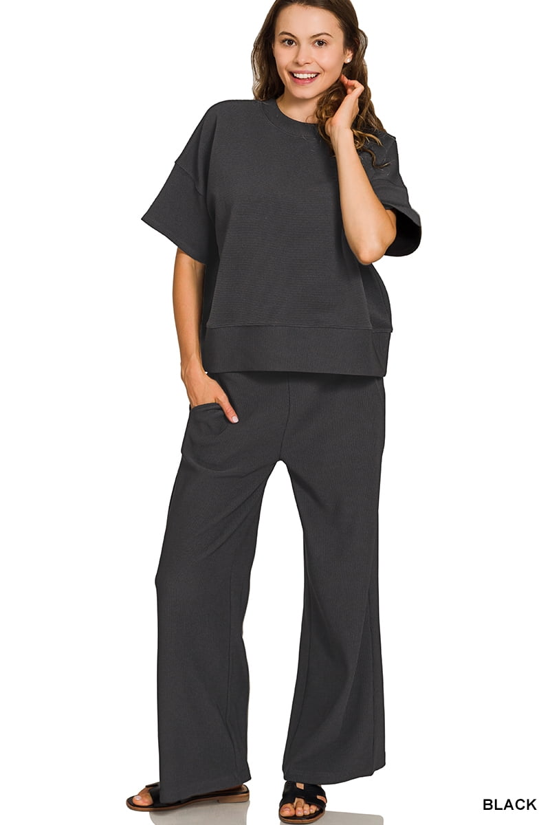 Zenana Women's Ribbed Round Neck Short Sleeve Tee & Wide Leg Pants Set ...