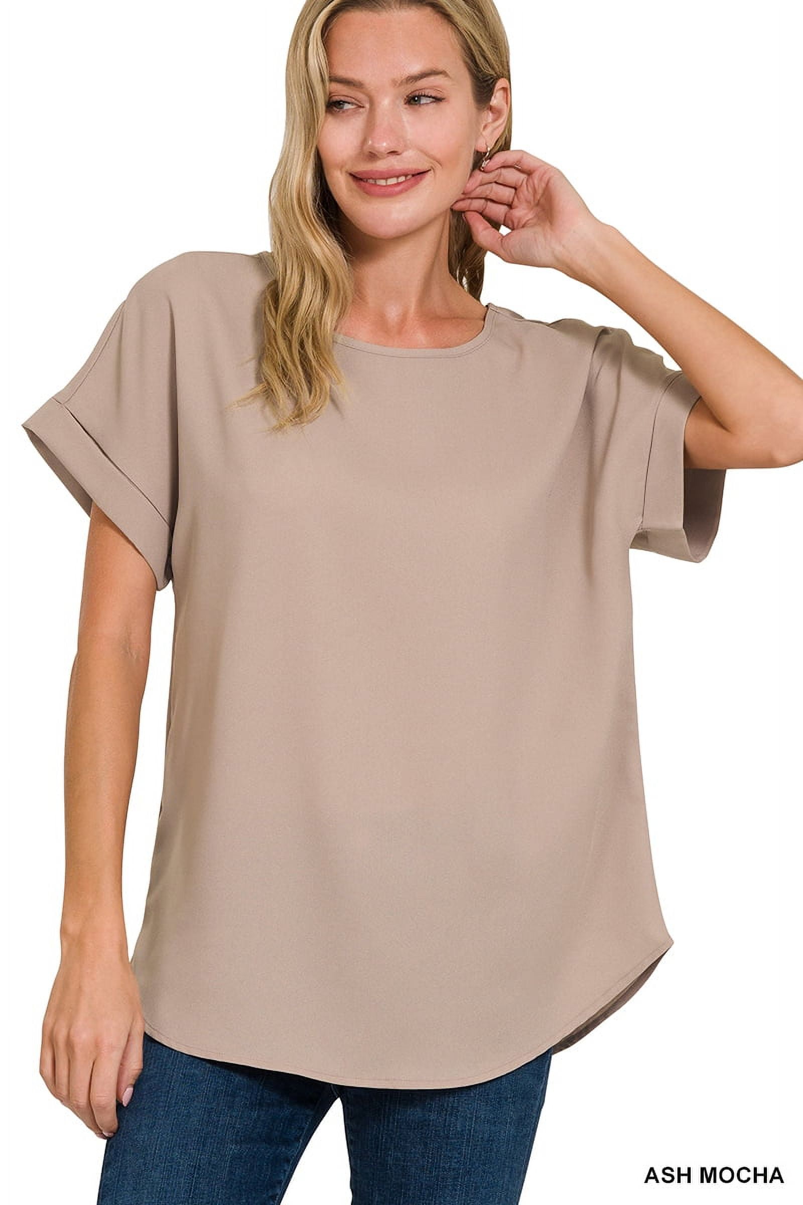 Zenana Women's Round Neck Heavy Woven Boat Neck Rolled Short Sleeve Blouse Top - Walmart.com