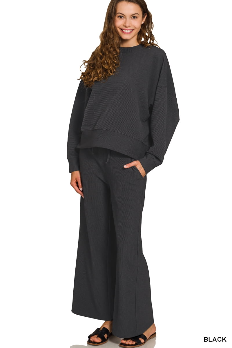 Zenana Women's Round Neck Long Sleeve Pullover Tee & Wide Leg ...