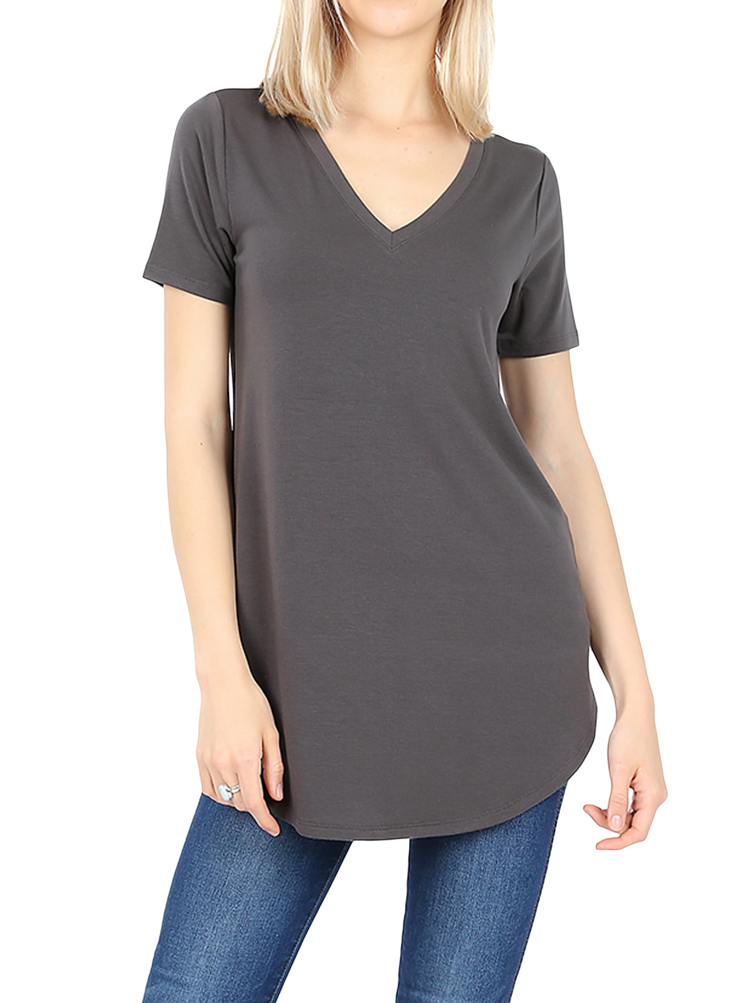 Zenana Women's Short Sleeve V Neck Relaxed Fit Casual Round Hem Tee ...