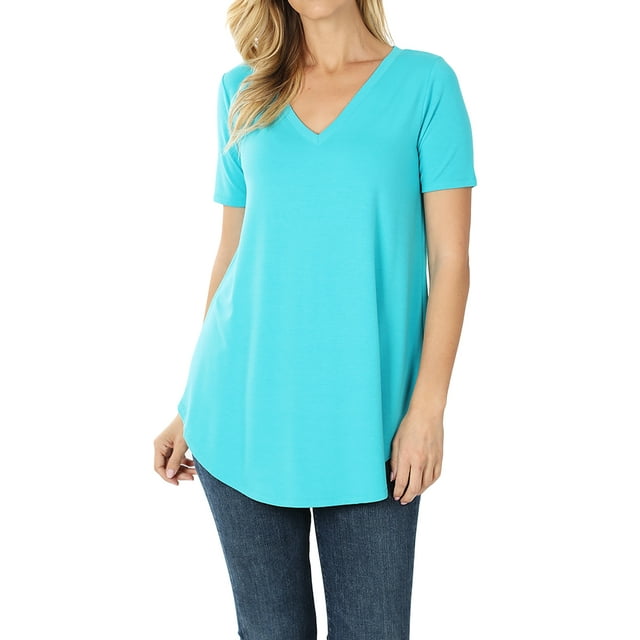 Zenana Women's Short Sleeve V Neck Relaxed Fit Casual Round Hem Tee Shirt Top - Walmart.com