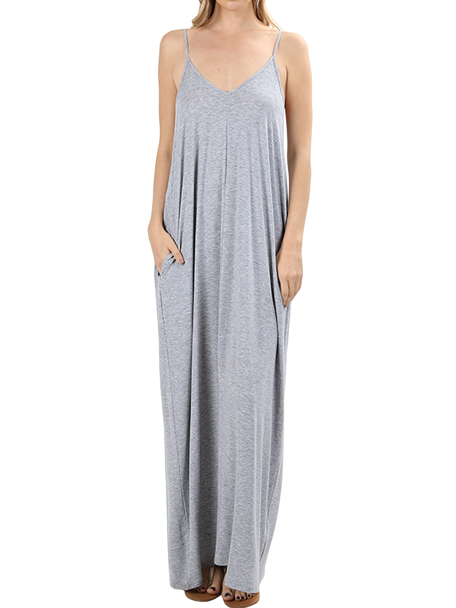 Zenana Women's V-Neck Draped Jersey Beach Summer Cami Long Maxi Dress ...