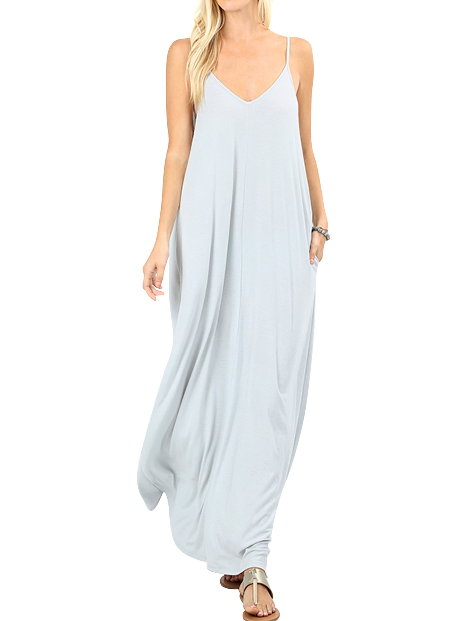 Zenana Women's V-Neck Draped Jersey Beach Summer Cami Long Maxi Dress ...