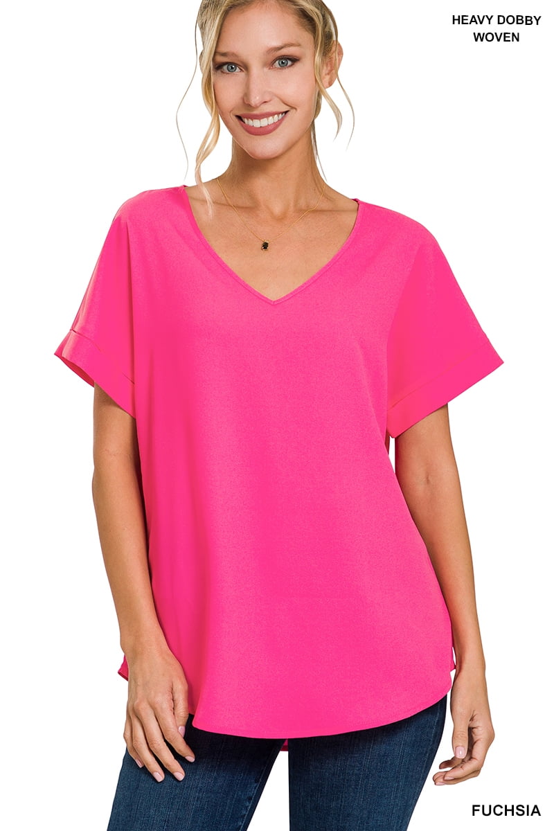 Zenana Women's V-Neck Heavy Dobby Boat Neck Rolled Short Sleeve Blouse Top - Walmart.com