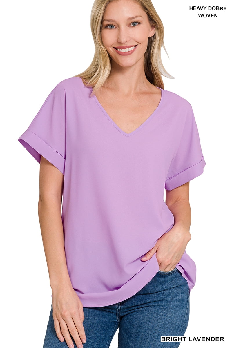 Zenana Women's V-Neck Heavy Dobby Boat Neck Rolled Short Sleeve Blouse Top - Walmart.com