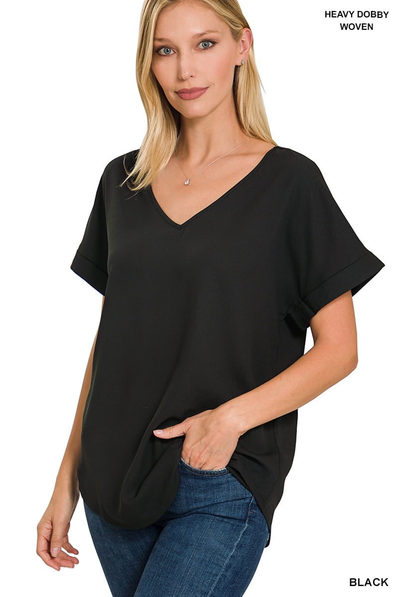 Zenana Women's V-Neck Heavy Dobby Boat Neck Rolled Short Sleeve Blouse Top - Walmart.com