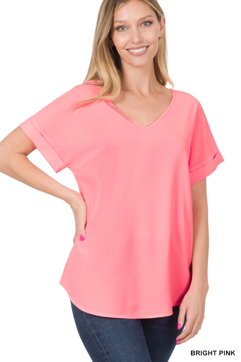 Zenana Women's V-Neck Heavy Dobby Boat Neck Rolled Short Sleeve Blouse Top - Walmart.com