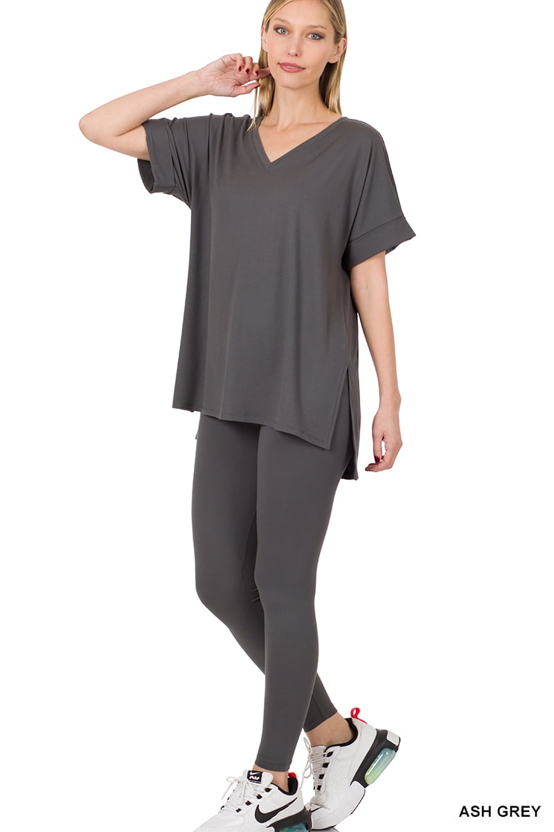 Zenana Women's V-Neck Short Sleeve & Leggings Comfy Loungewear ...