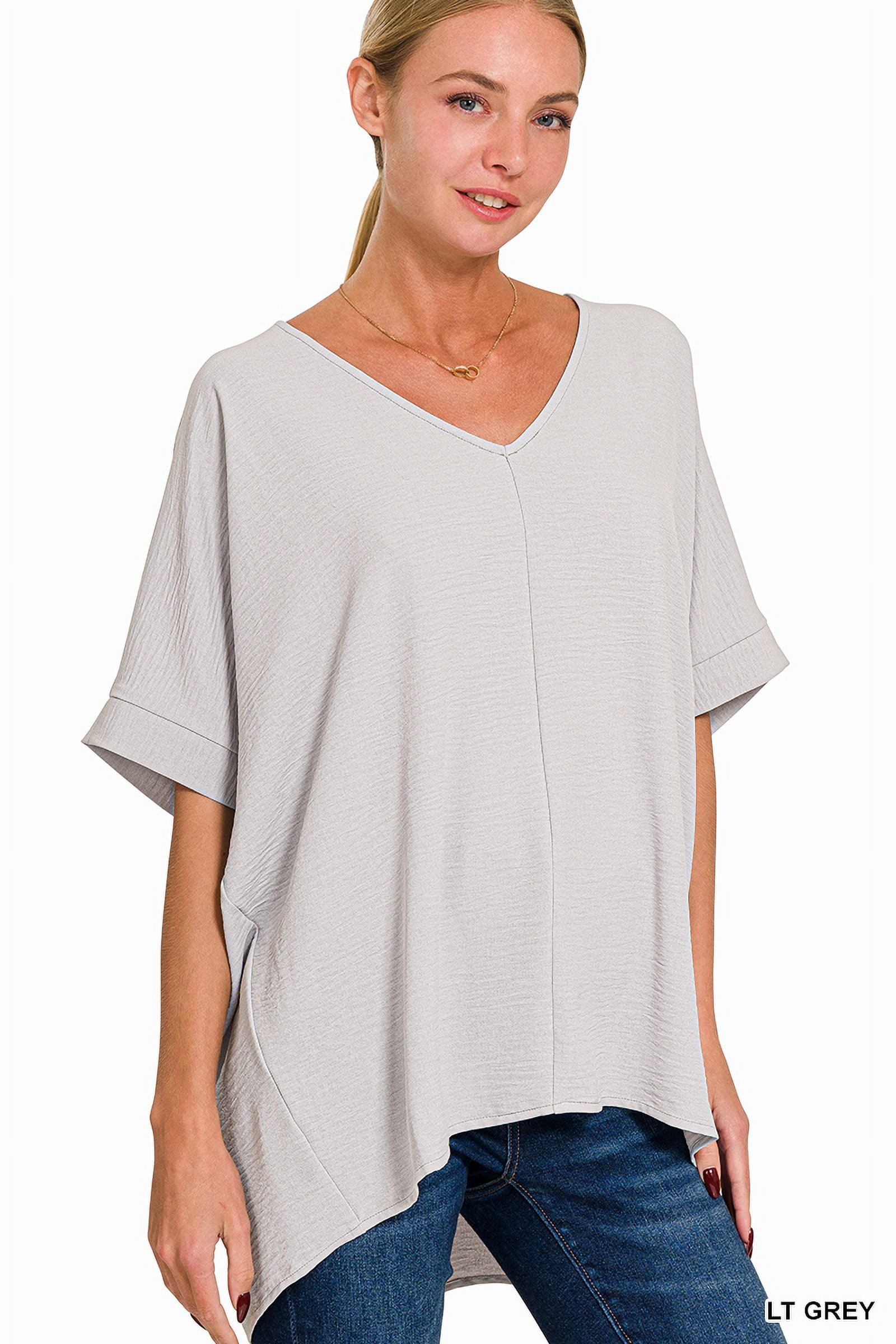 Zenana Women's V Neck Woven Airflow Dolman Short Sleeve Hi-Low Blouse ...