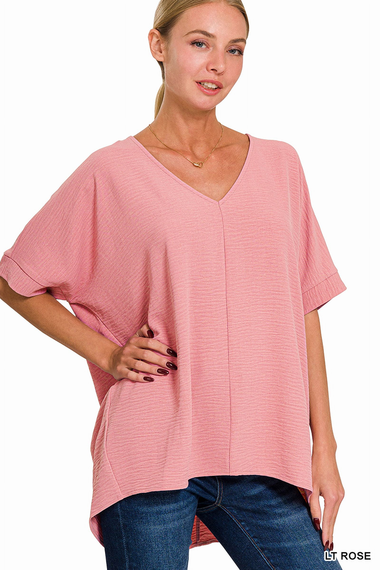 Zenana Women's V Neck Woven Airflow Dolman Short Sleeve Hi-Low Blouse ...