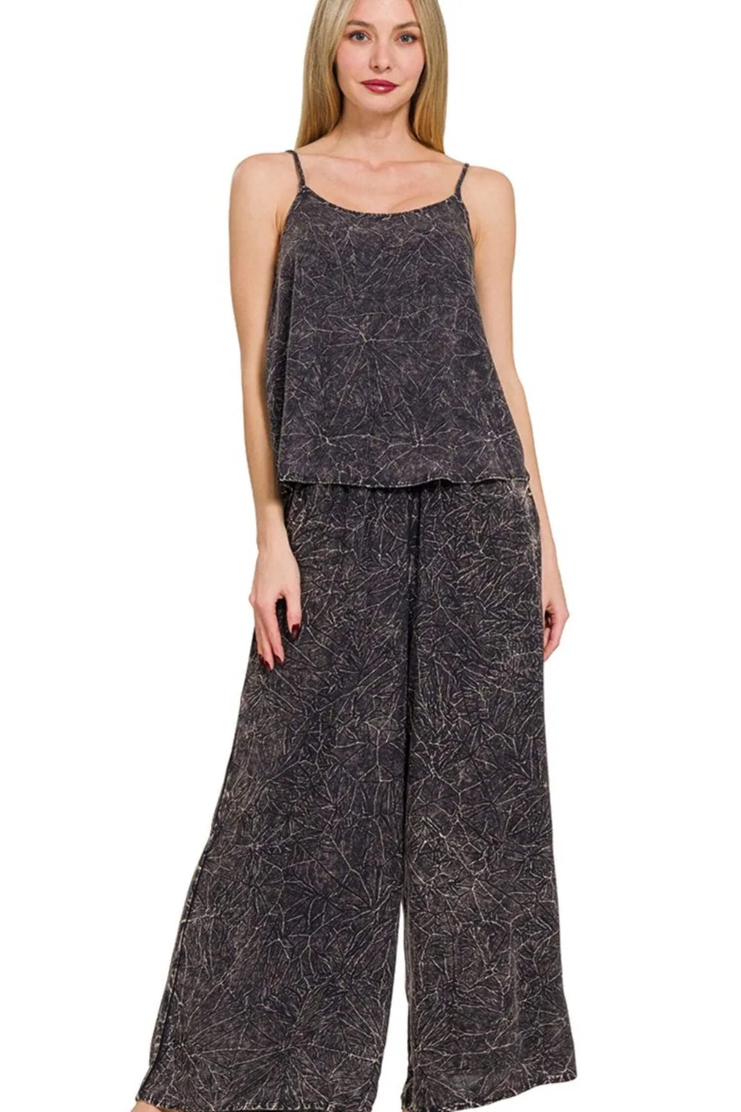 Zenana Woven Acid Crinkle Washed Cami Pants 2 Piece Set - Walmart.com