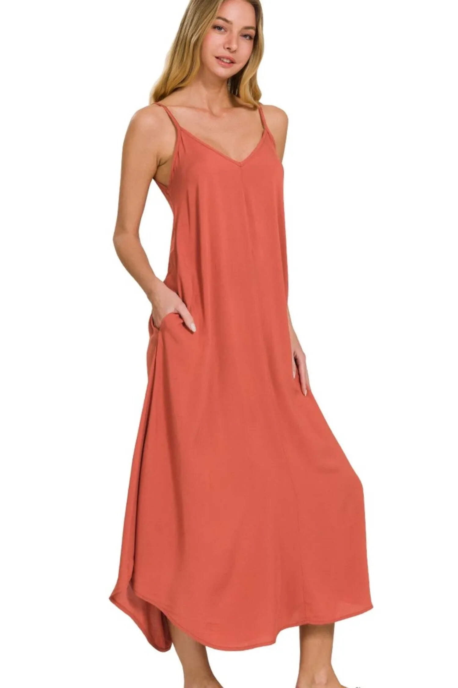 Zenana Woven Arc Hem Cami Midi Dress With Flowy Pockets - Walmart.com