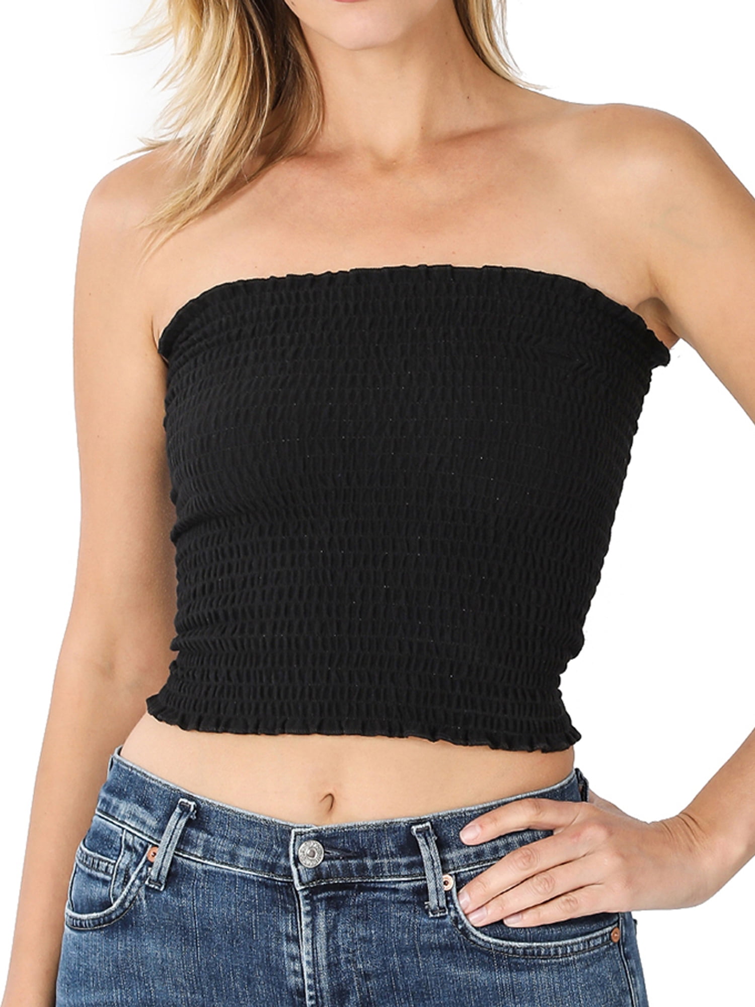 Zenana's Women Strapless Pleated Solid Colors Smocked Bandeau Sexy Tube Crop Tops (TheLovely ...