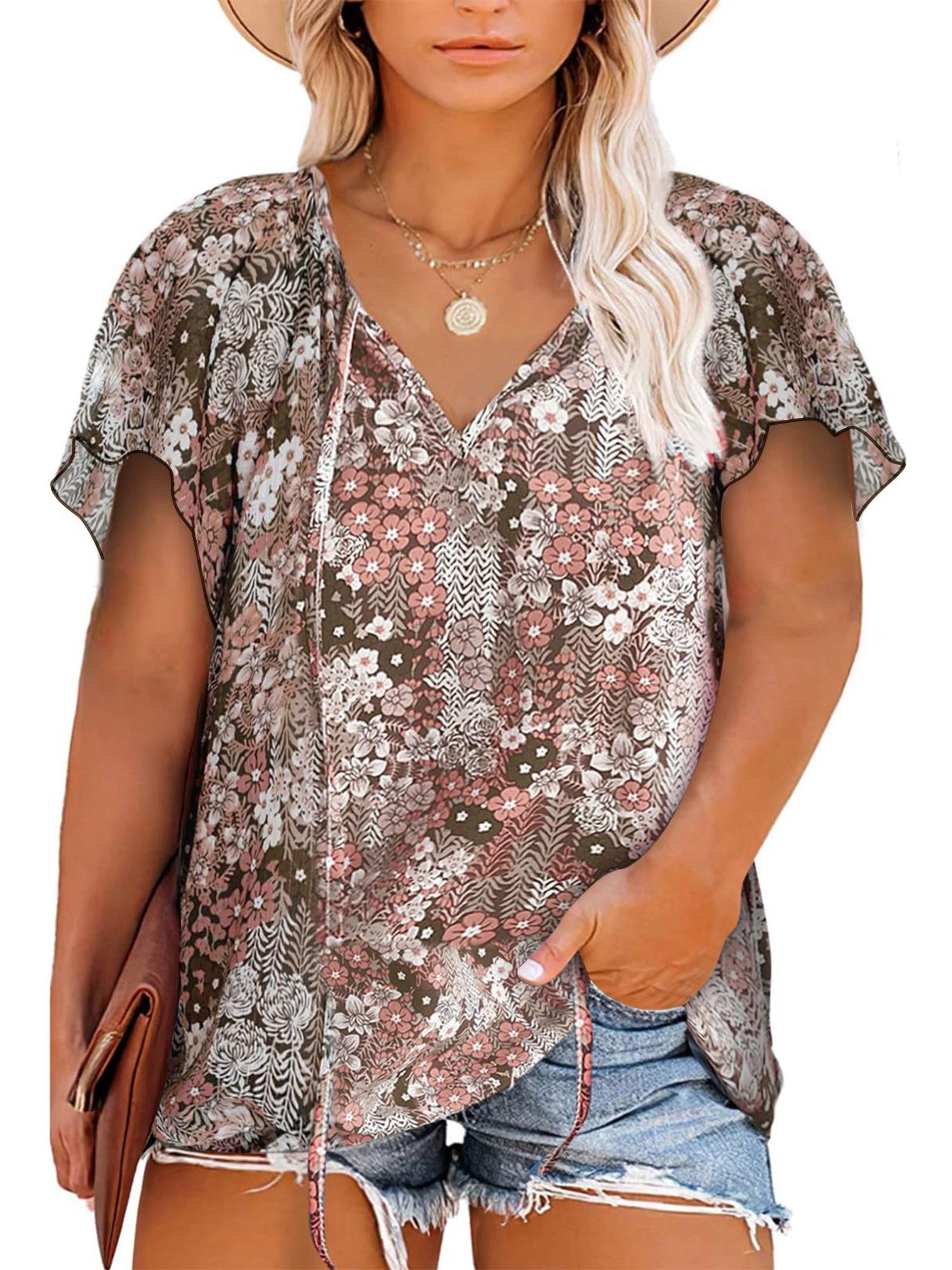 Zenbriele Plus Size Short Sleeve Tops for Women Boho Floral Printed ...