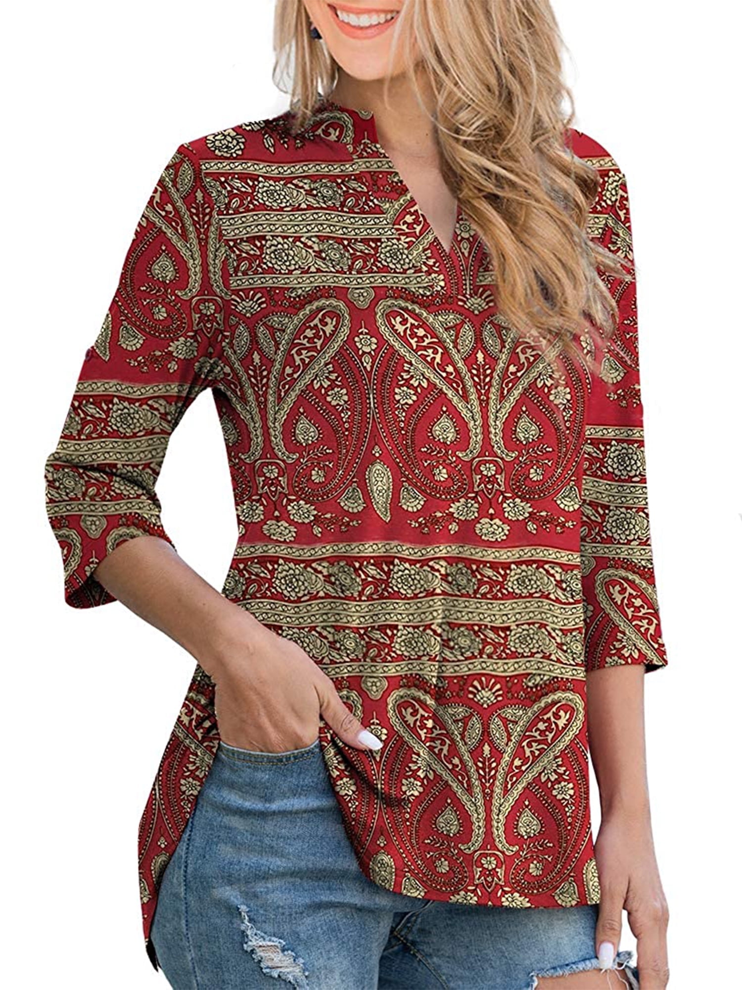 Zenbriele Womens Plus Size Tops 3/4 Roll Sleeve Floral Tunic Shirt ...