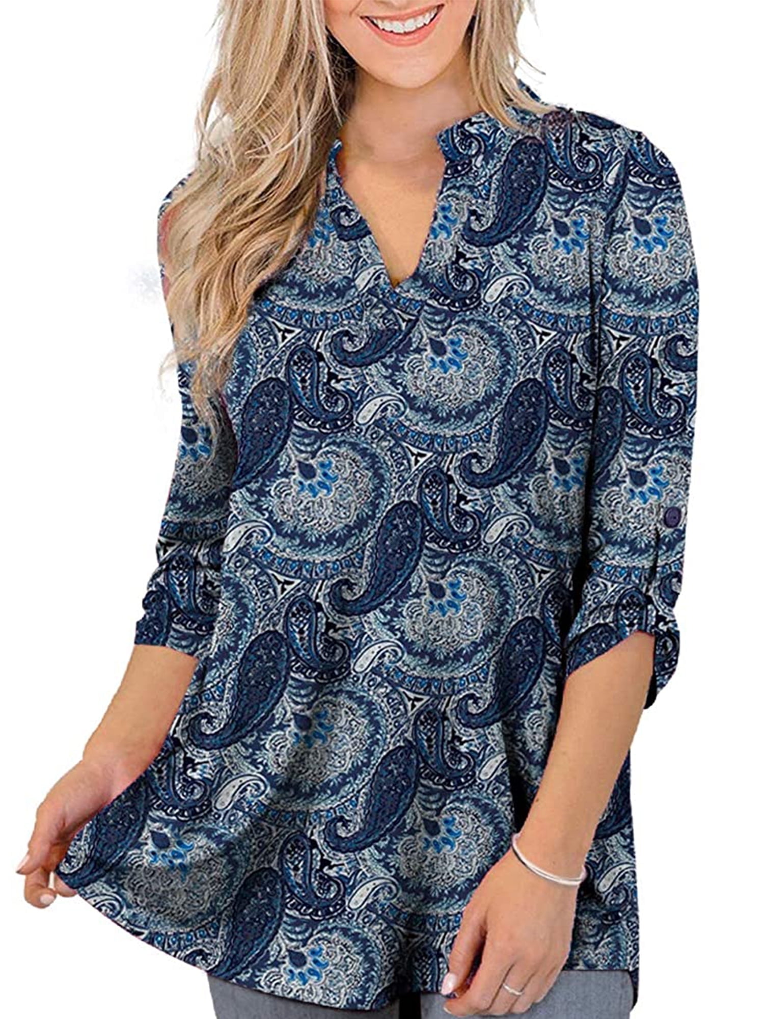 Zenbriele Plus Size Floral Tunic Shirt, 3/4 Roll Sleeve, V Neck, Flowy ...