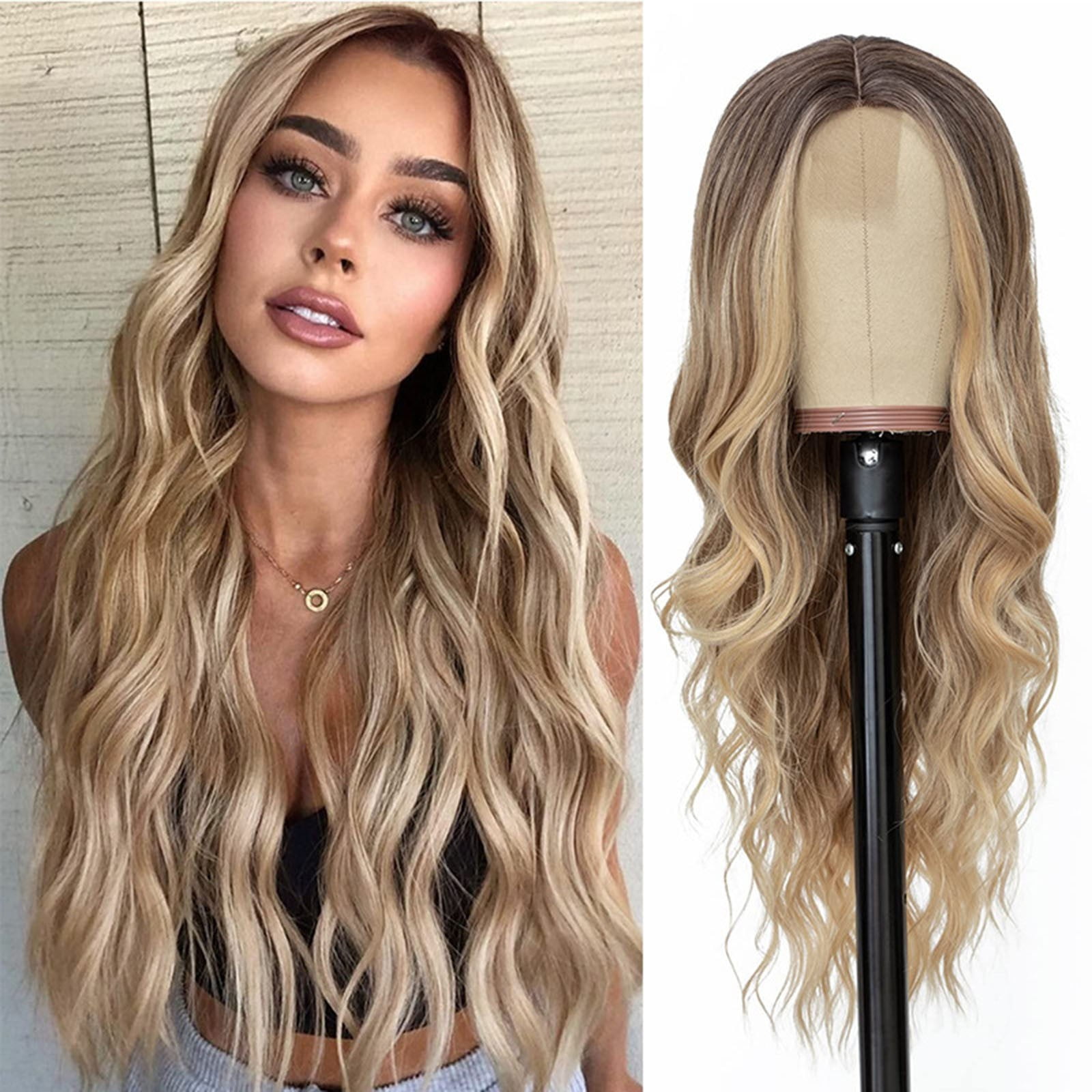 Zenghuiiii Long Blonde Wavy Wig For Women Middle Part Curly Wavy ...