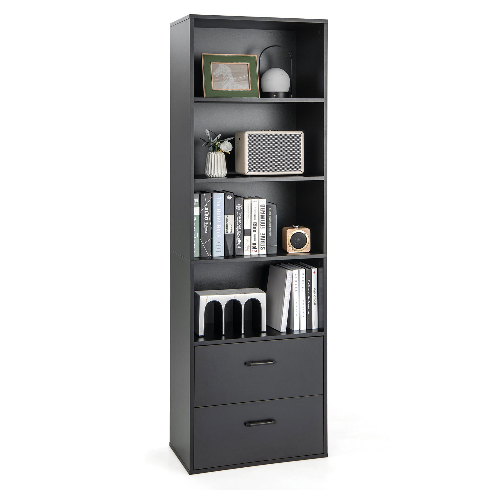 Zengpin 6-Tier 74" Tall Bookcase with 4 Open Shelves and 2 Large ...