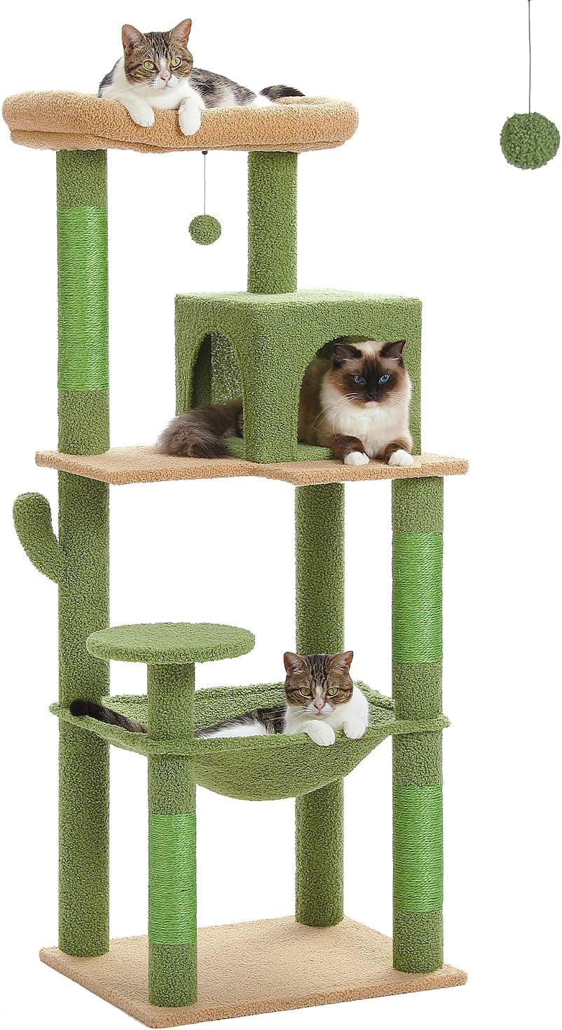 Zengpin Cactus Cat Tree for Large Cats with Metal Plush Big Hammock, 56 ...