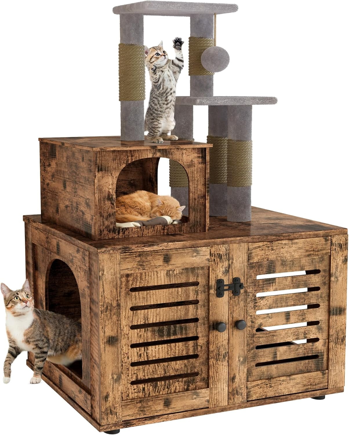 Zengpin Cat Tree with Cat Litter Box Enclosure, Hidden Washroom ...