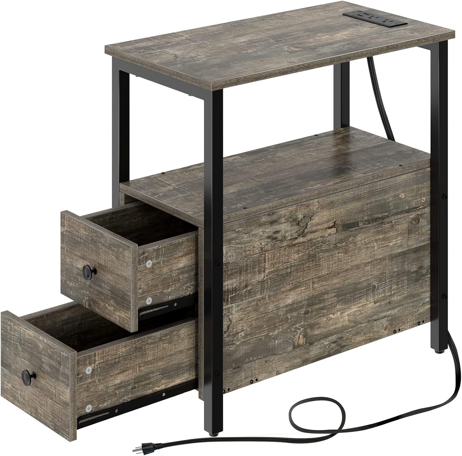 Zengpin End Table with Charging Station, Narrow Side Table with 2 Wooden Drawers, USB Ports and ...