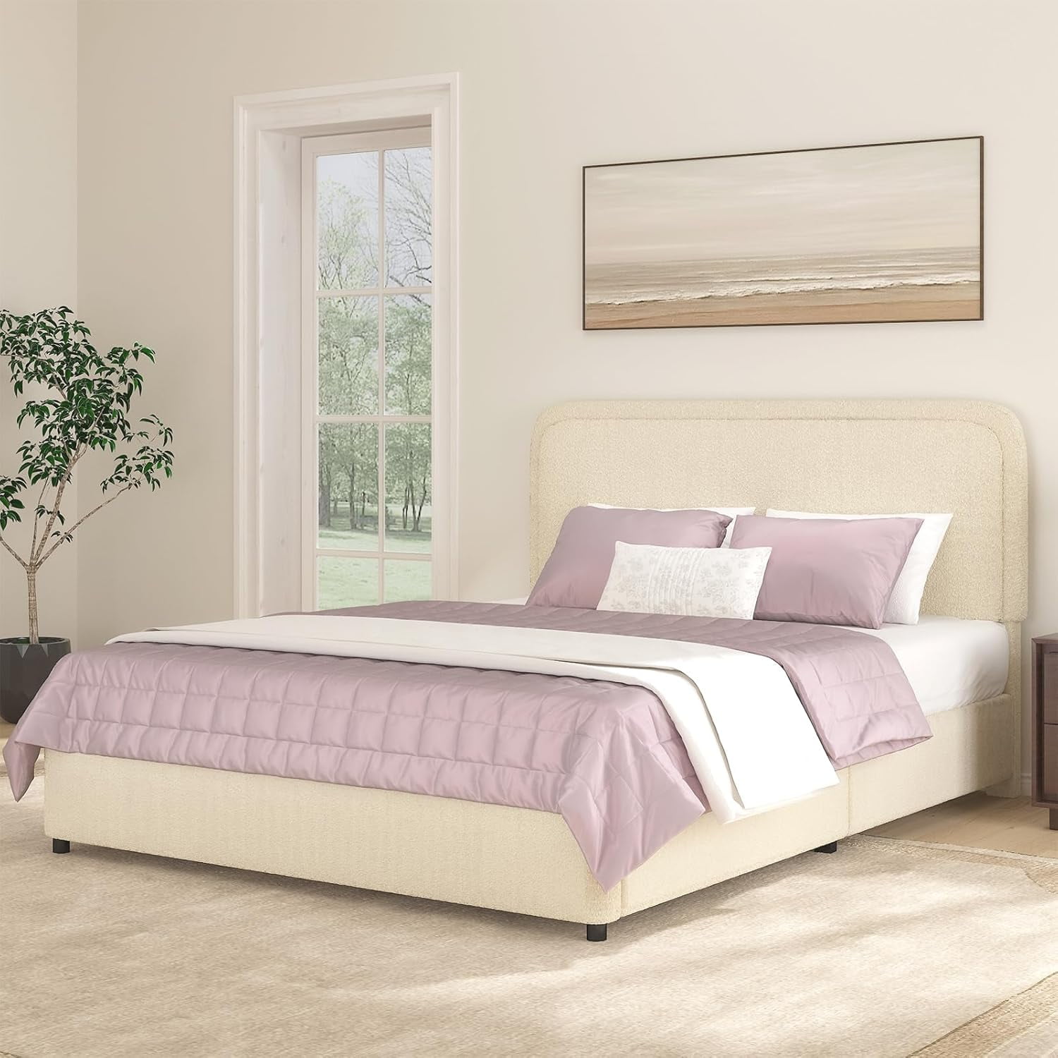 Zengpin Full Size Boucle Bed Frame, Soft Upholstered Platform Bed with ...