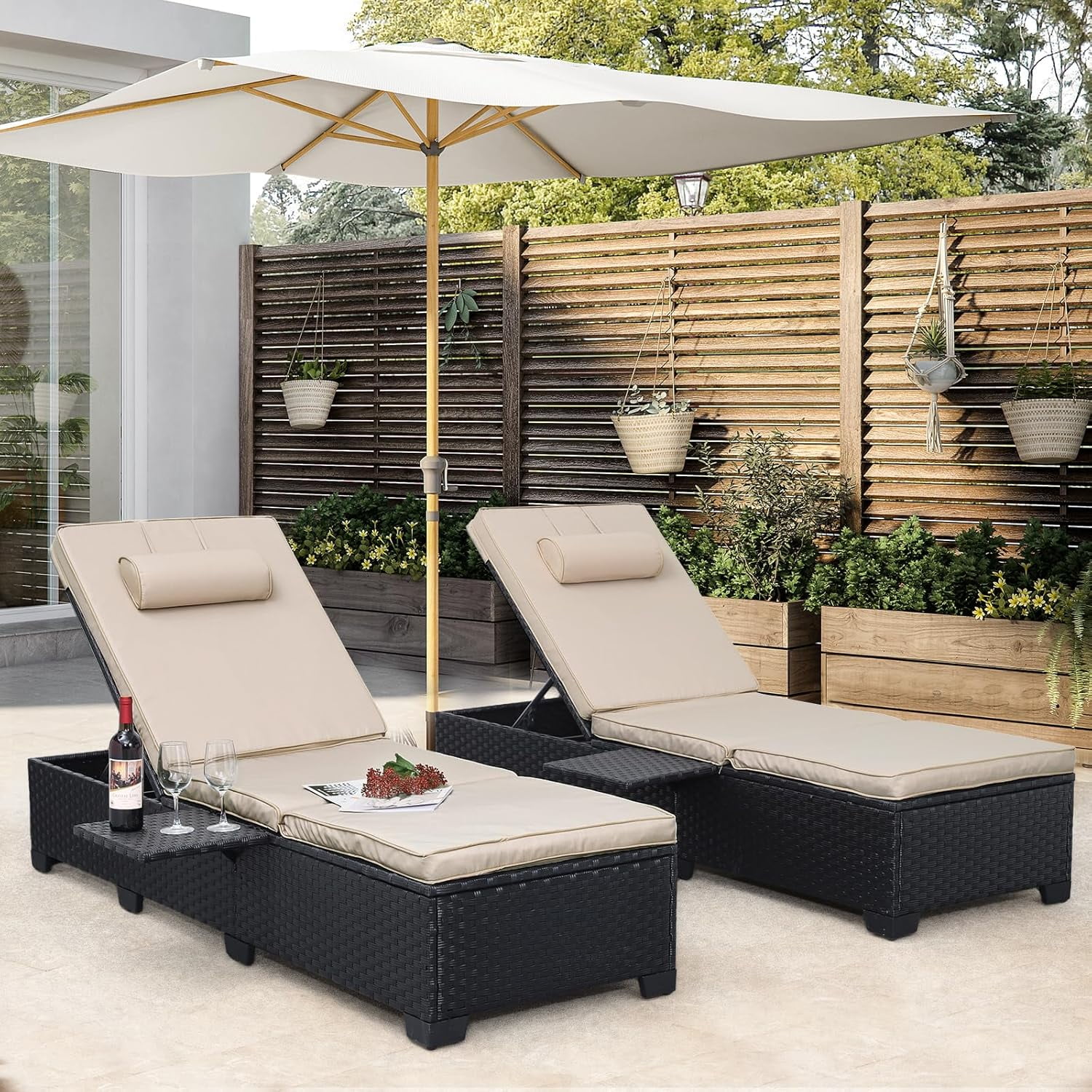 Zengpin Outdoor PE Wicker Chaise Lounge Chairs Set of 2 Patio Black ...