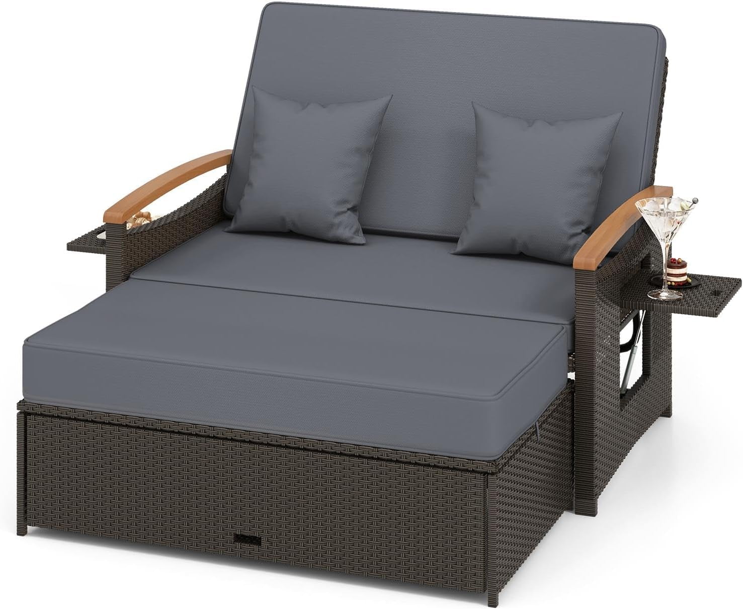 Zengpin Outdoor Wicker Daybed, Patio Rattan Loveseat Sofa w/ 4-Level ...