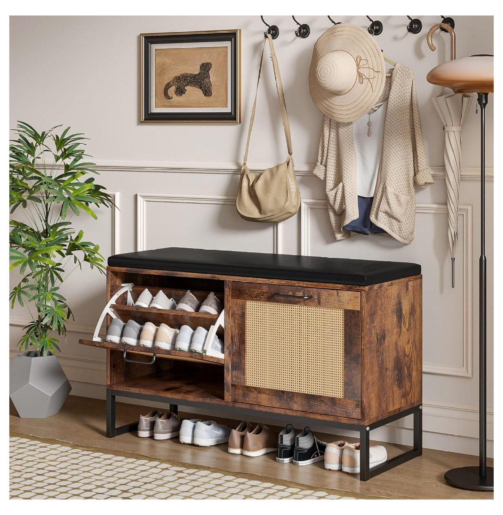 Zengpin Rattan Shoe Storage Bench with Cushion Seat Shoe Rack Bench ...