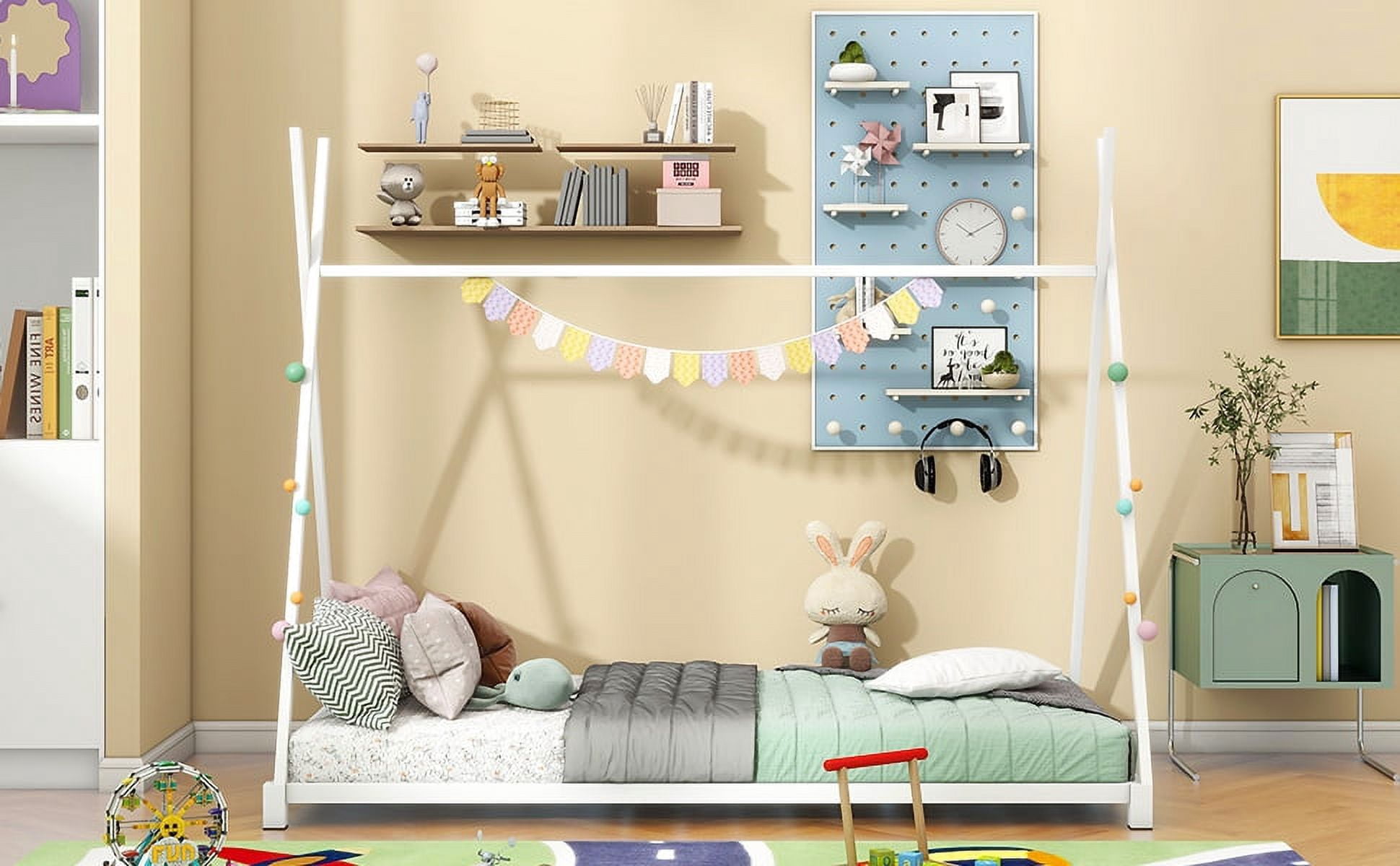 Zengpin Twin Size House Beds, Metal Floor Bed Frame, Triangle Structure ...