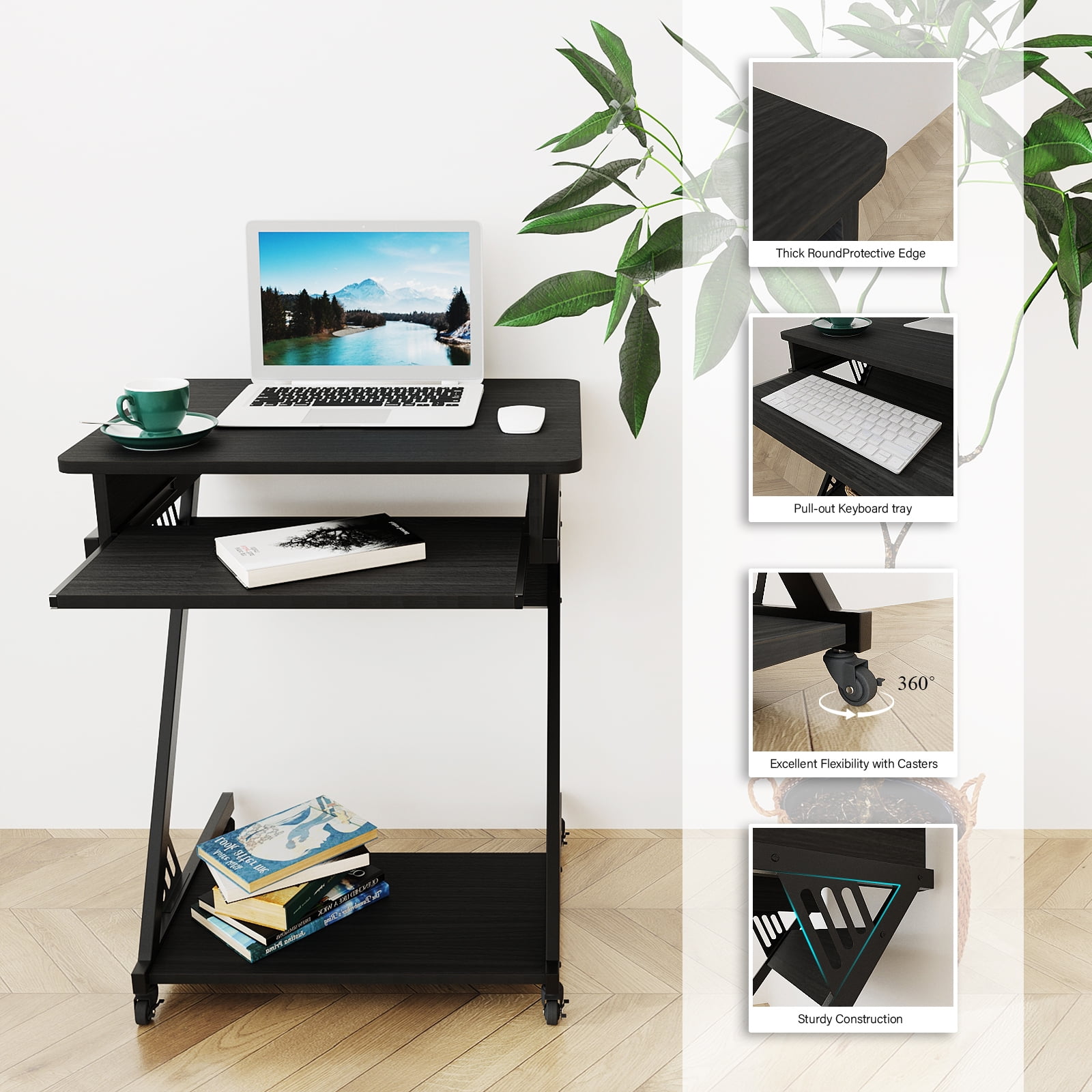 Zenira 2 Tiers Rolling Computer Desk with Keyboard Tray and Printer ...