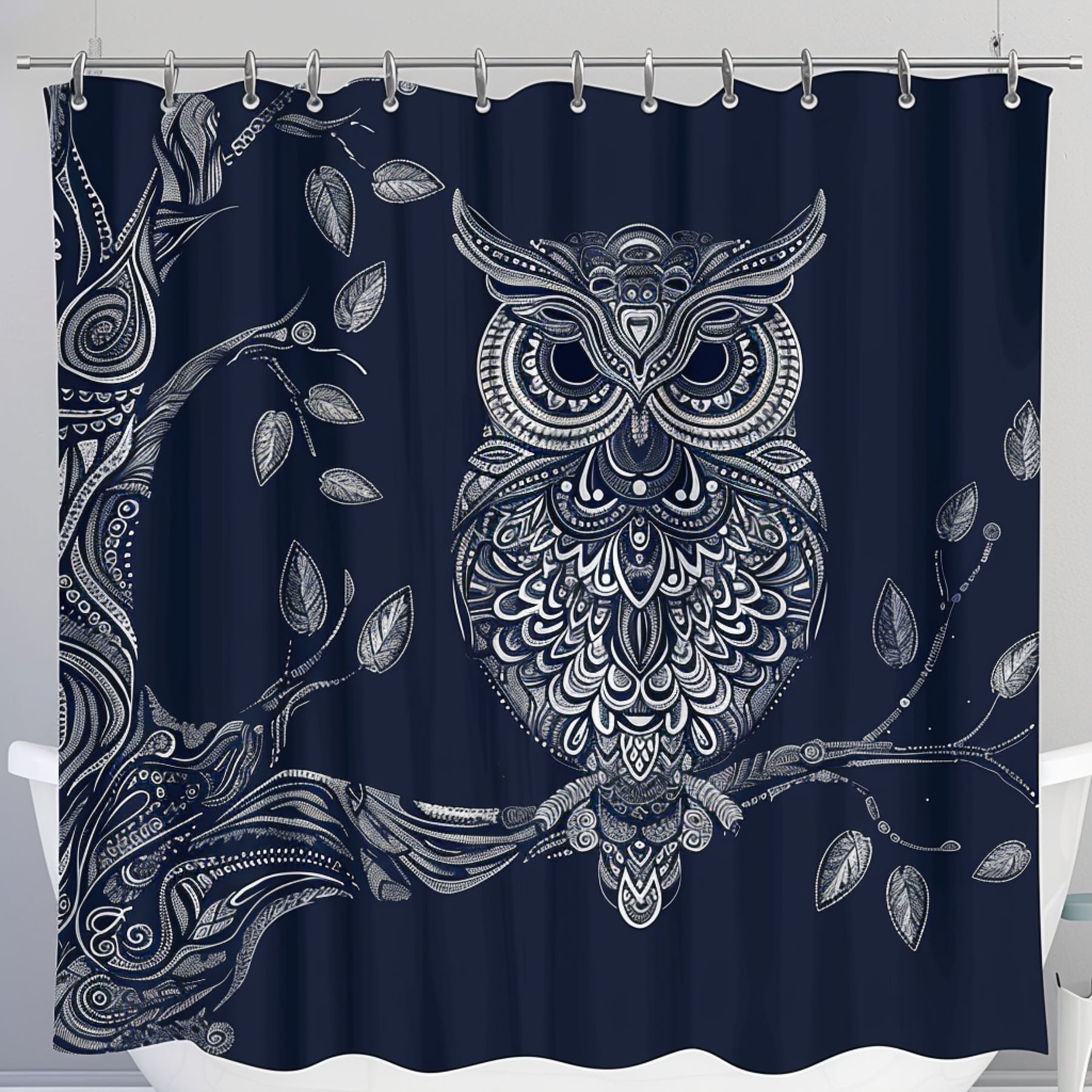 Zentangle Owl on Tree Branch Shower Curtain Dark Blue Background Fine ...